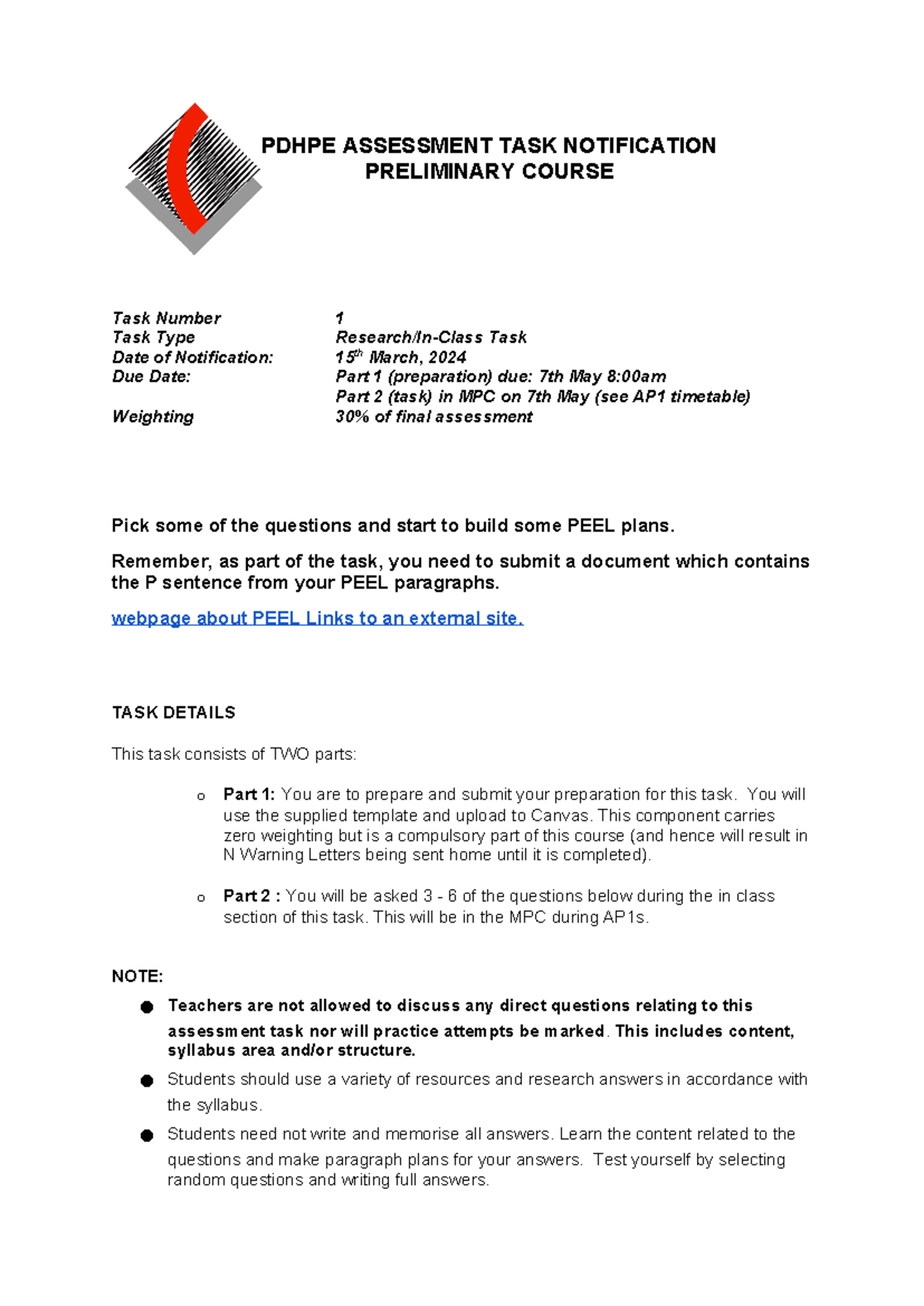 P.D.H.P.E AP1 - PDHPE ASSESSMENT TASK NOTIFICATION PRELIMINARY COURSE ...