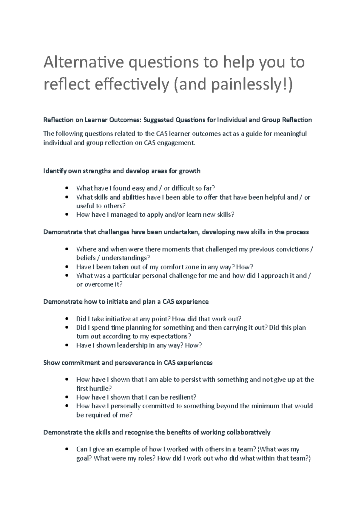 CAS Reflection Template - Alternative questions to help you to reflect ...