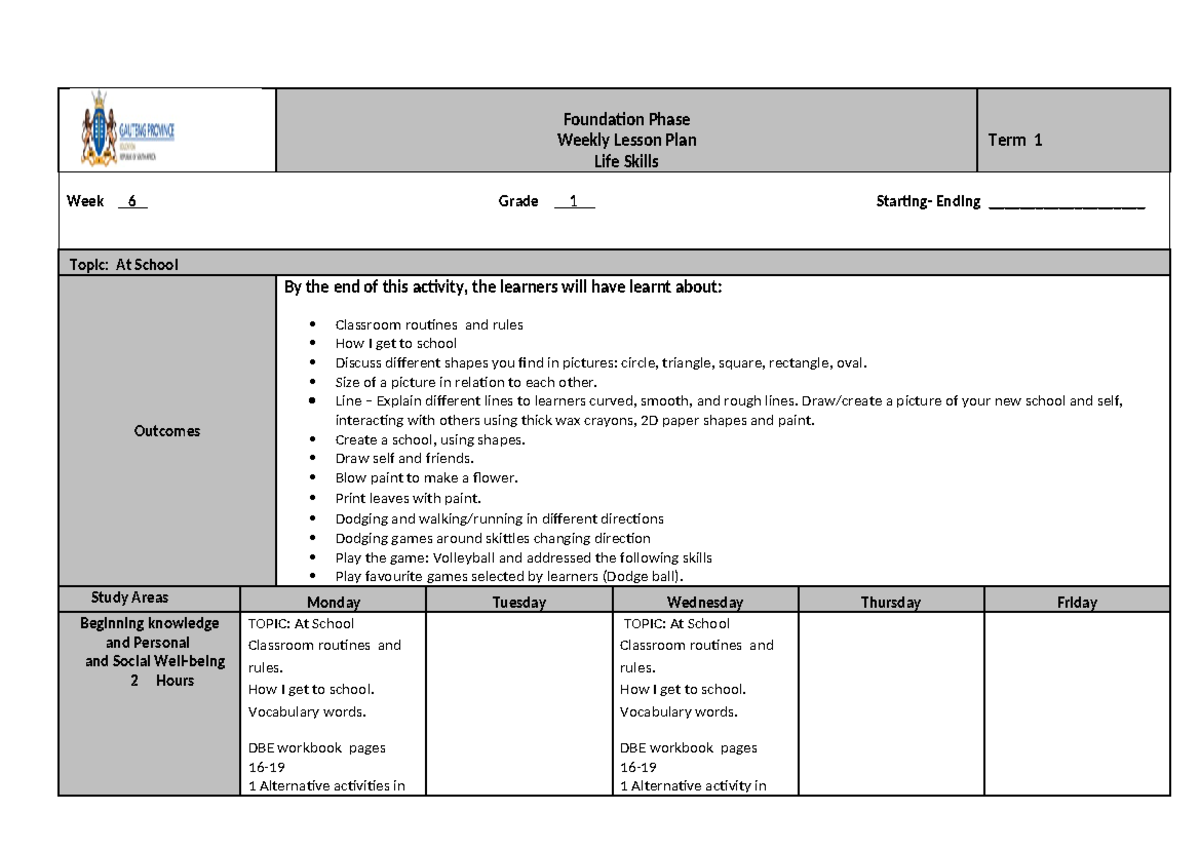 Grade 1 TERM 1 Lifeskills Lesson PLAN WEEK 6 - Foundation Phase Weekly ...