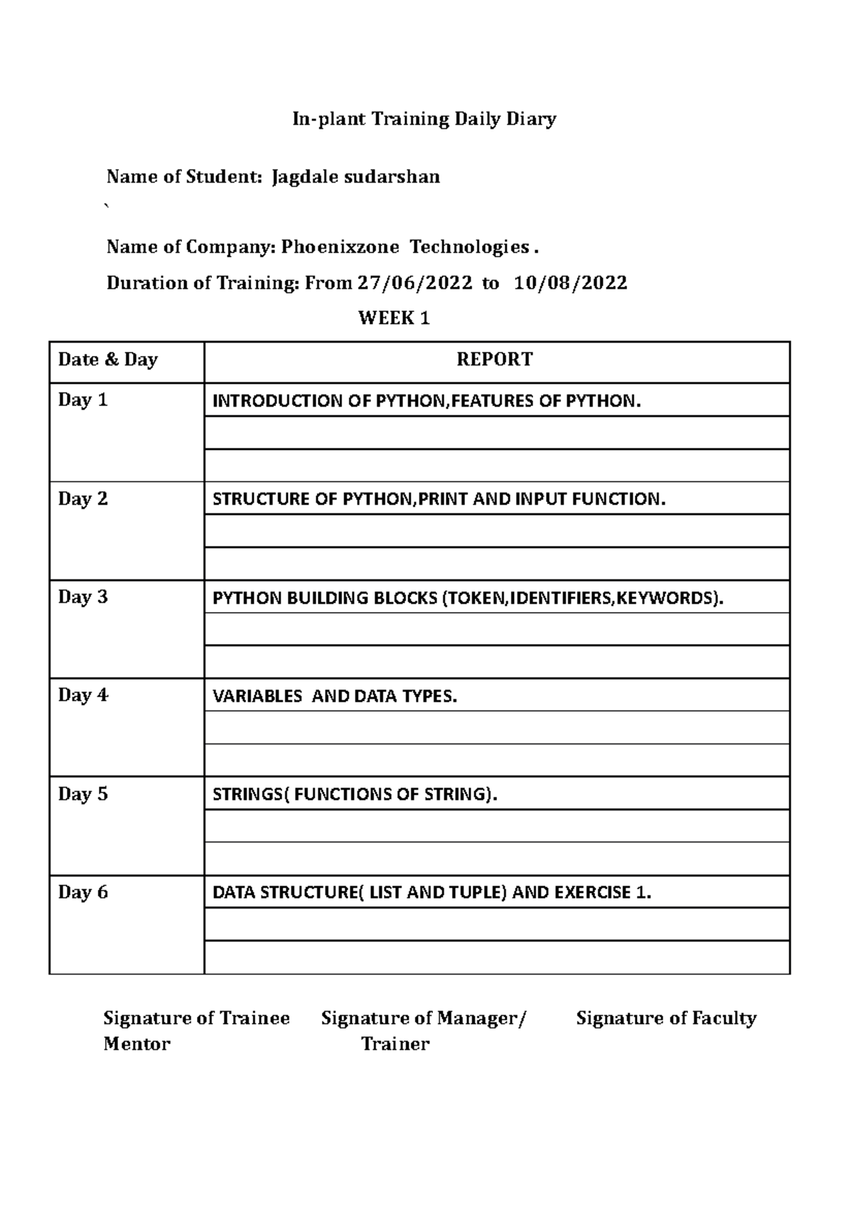 Sudarshan final report - In-plant Training Daily Diary Name of Student ...