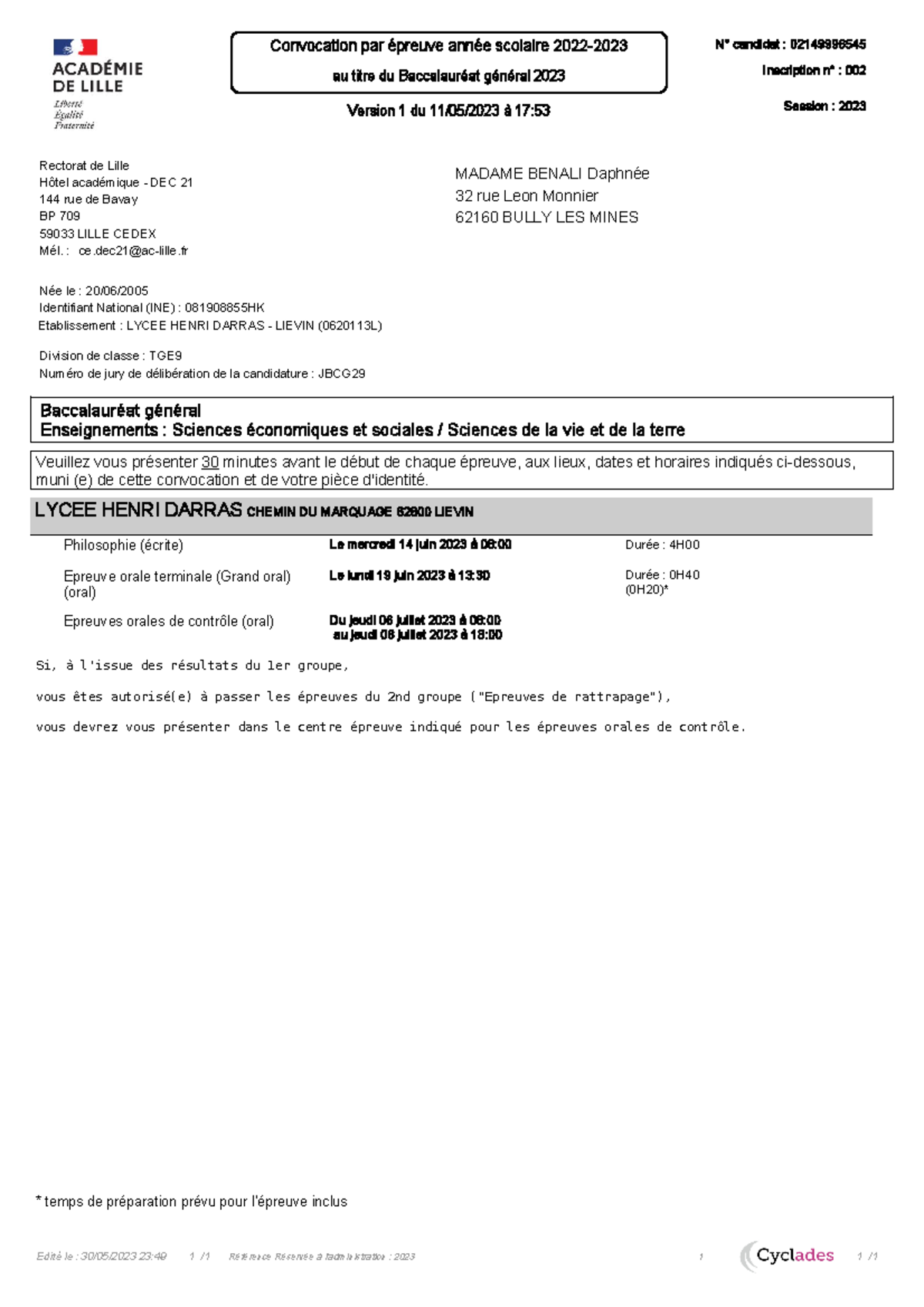 Convocation bac - Edité le : 30/05/2023 23:49 1 /1 Référence Réservée à l'administration : 2023 ...