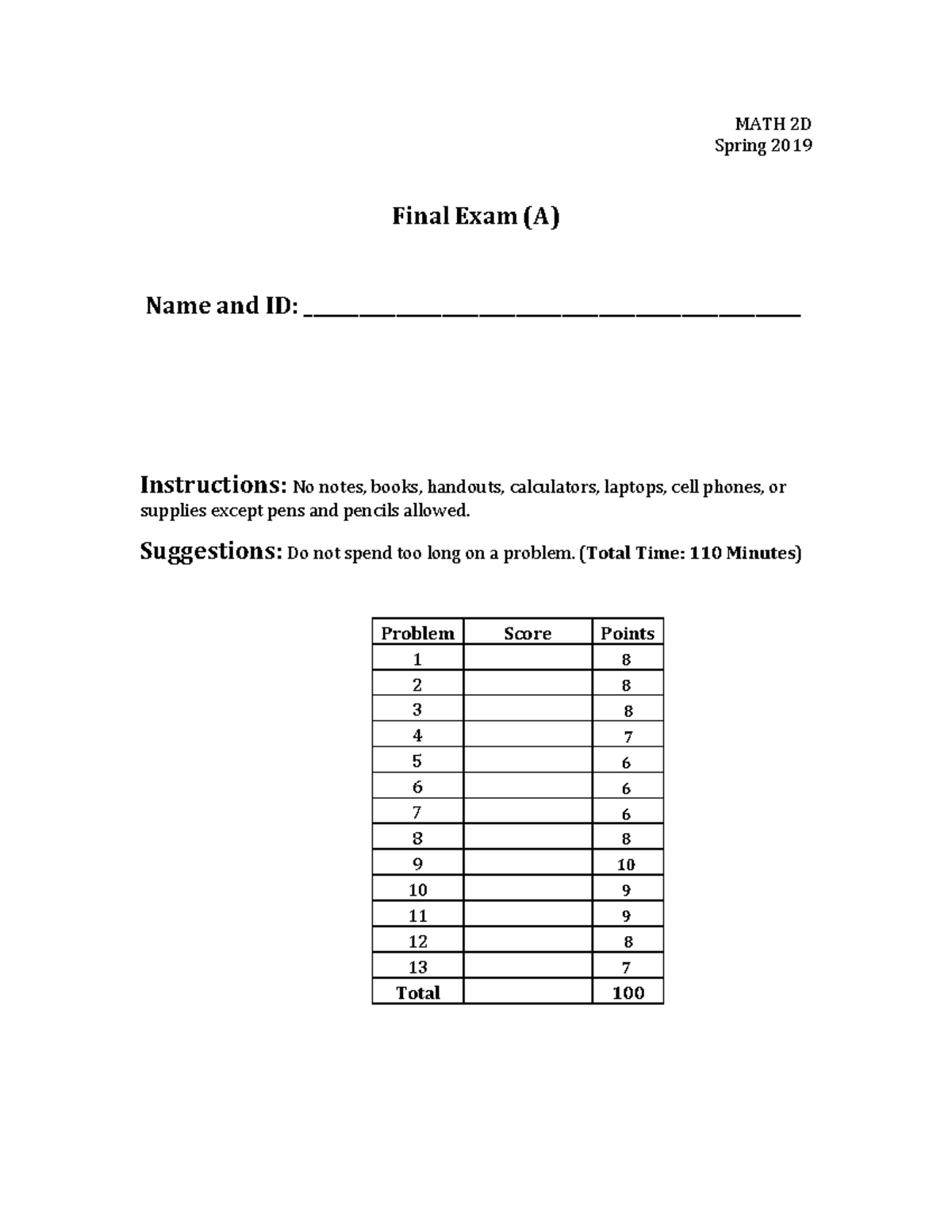 2D Final Exam Review SP19 Blank - MATH 2D Spring 2019 Final Exam (A ...