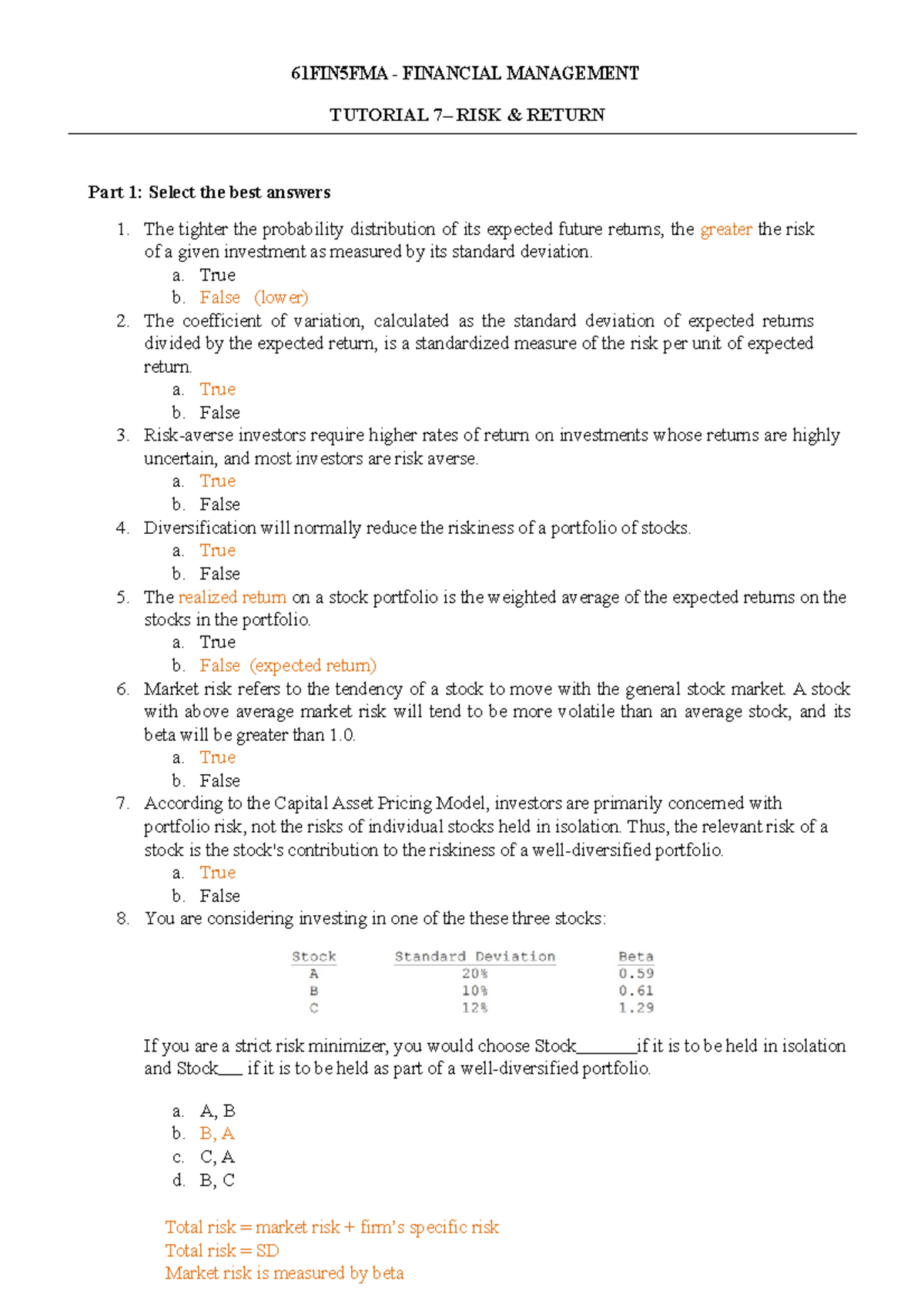 FMA Tutorial 7 Risk, Return, CAPM - 61FIN5FMA - FINANCIAL MANAGEMENT ...