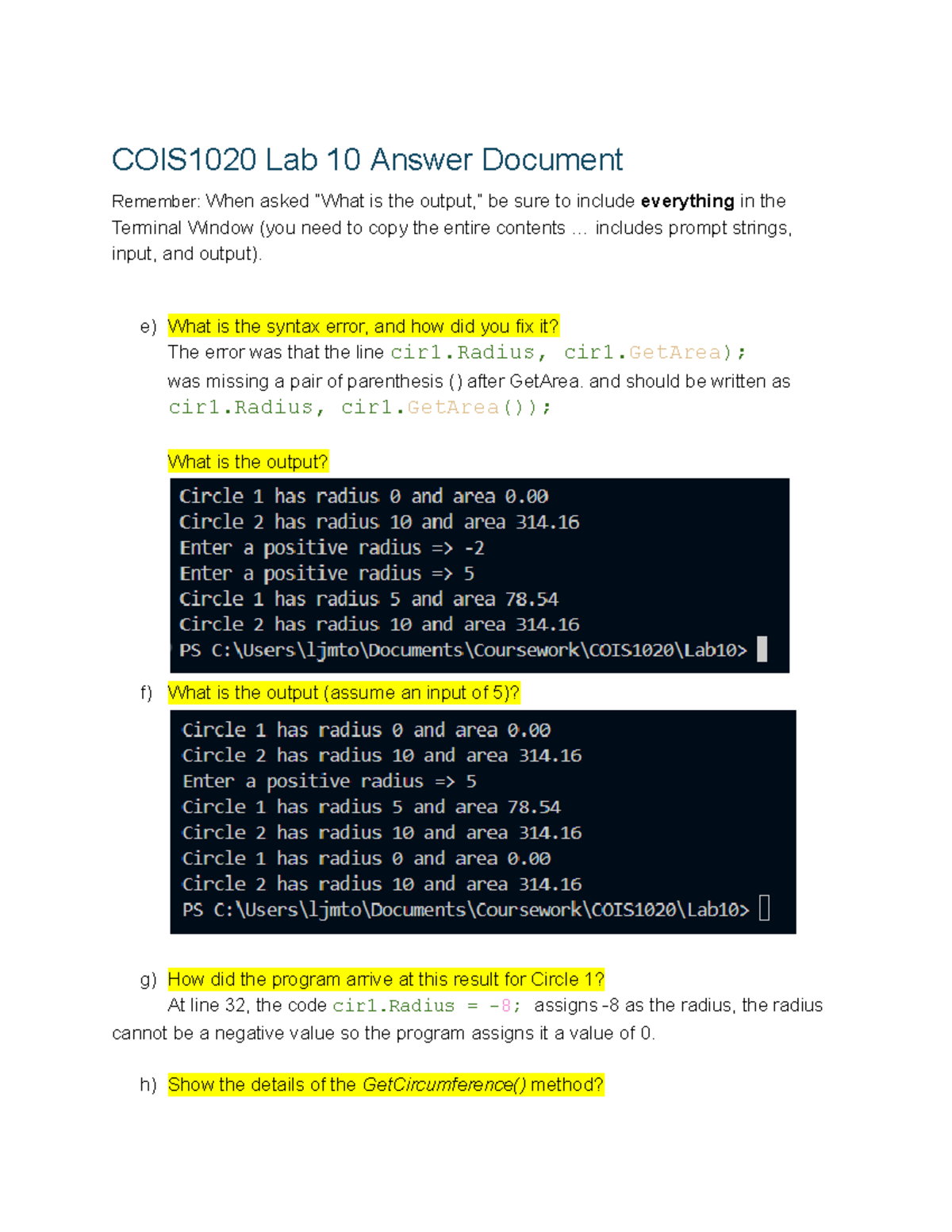 COIS1020 Lab 10 Answer Document - COIS1020 Lab 10 Answer Document Remember: When asked “What is ...