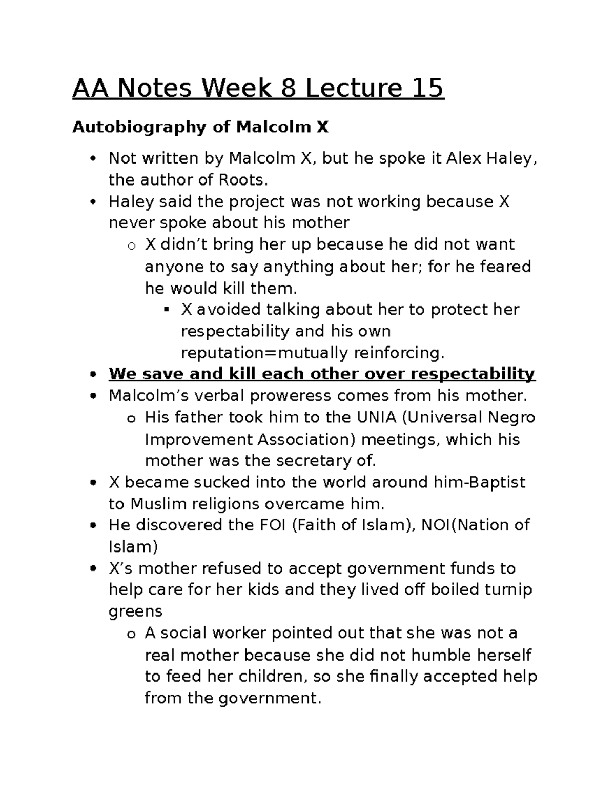 Week 8 Lecture 15 Notes - AA Notes Week 8 Lecture 15 Autobiography of ...