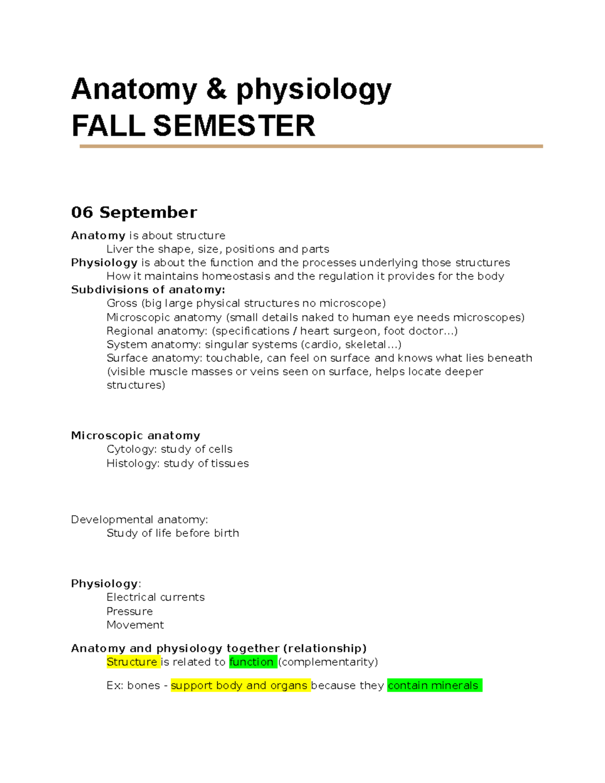 Anatomy and physiology - Anatomy & physiology FALL SEMESTER 06 ...