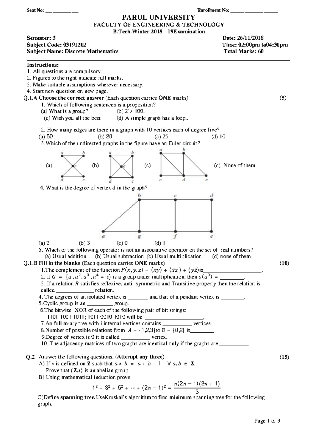 03191202 883 Question Paper - Page 1 of 3 Seat No ...