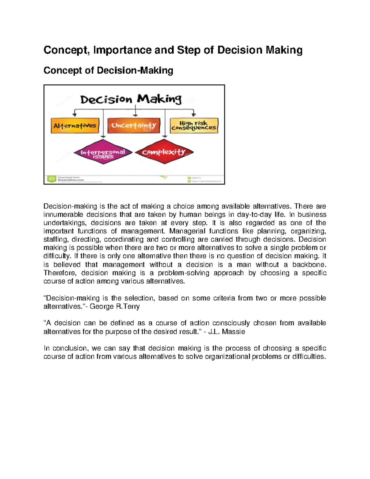 Decision making concepts - Concept, Importance and Step of Decision Making Concept of - Studocu