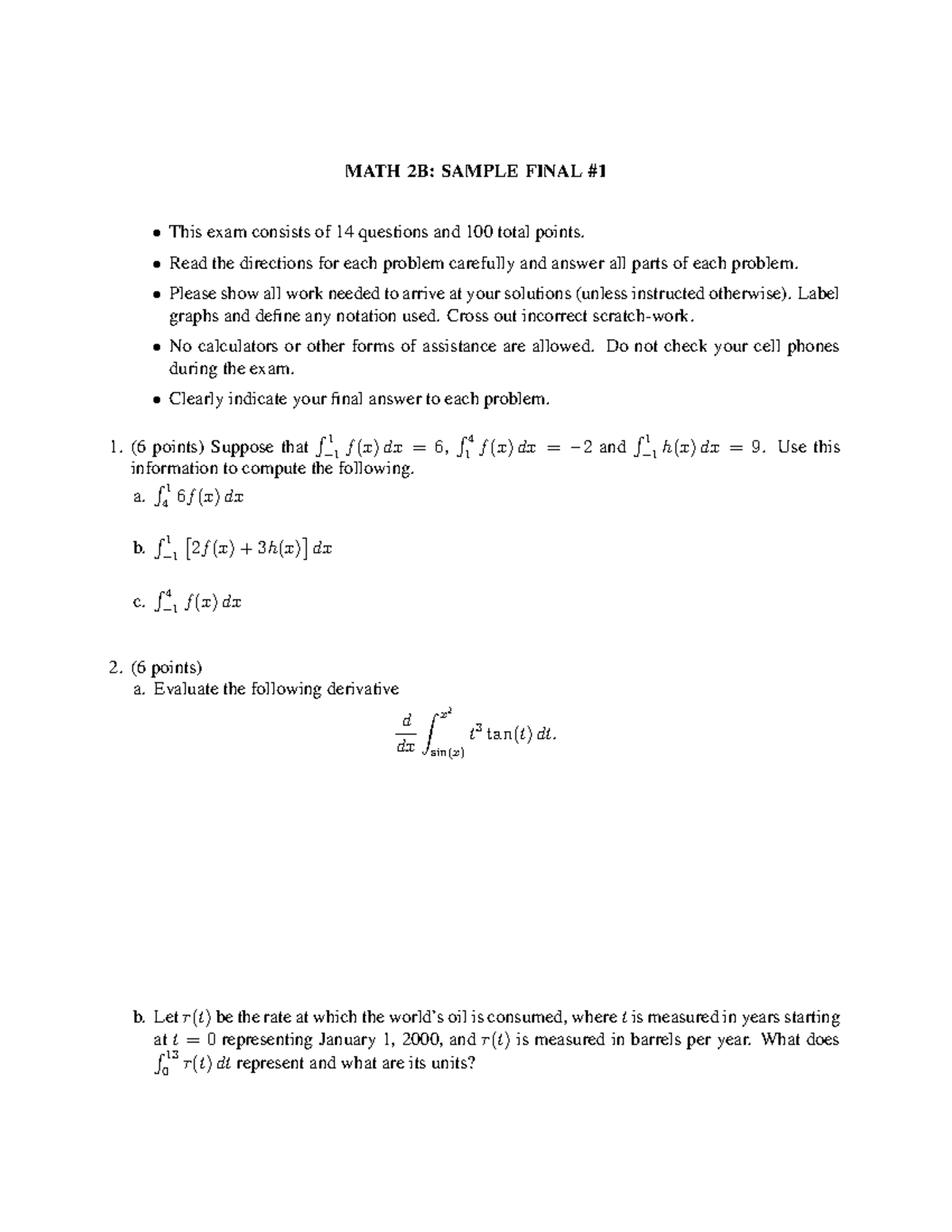 2B-Final-Sample 1 - Course taught by professor - MATH 2B: SAMPLE FINAL ...