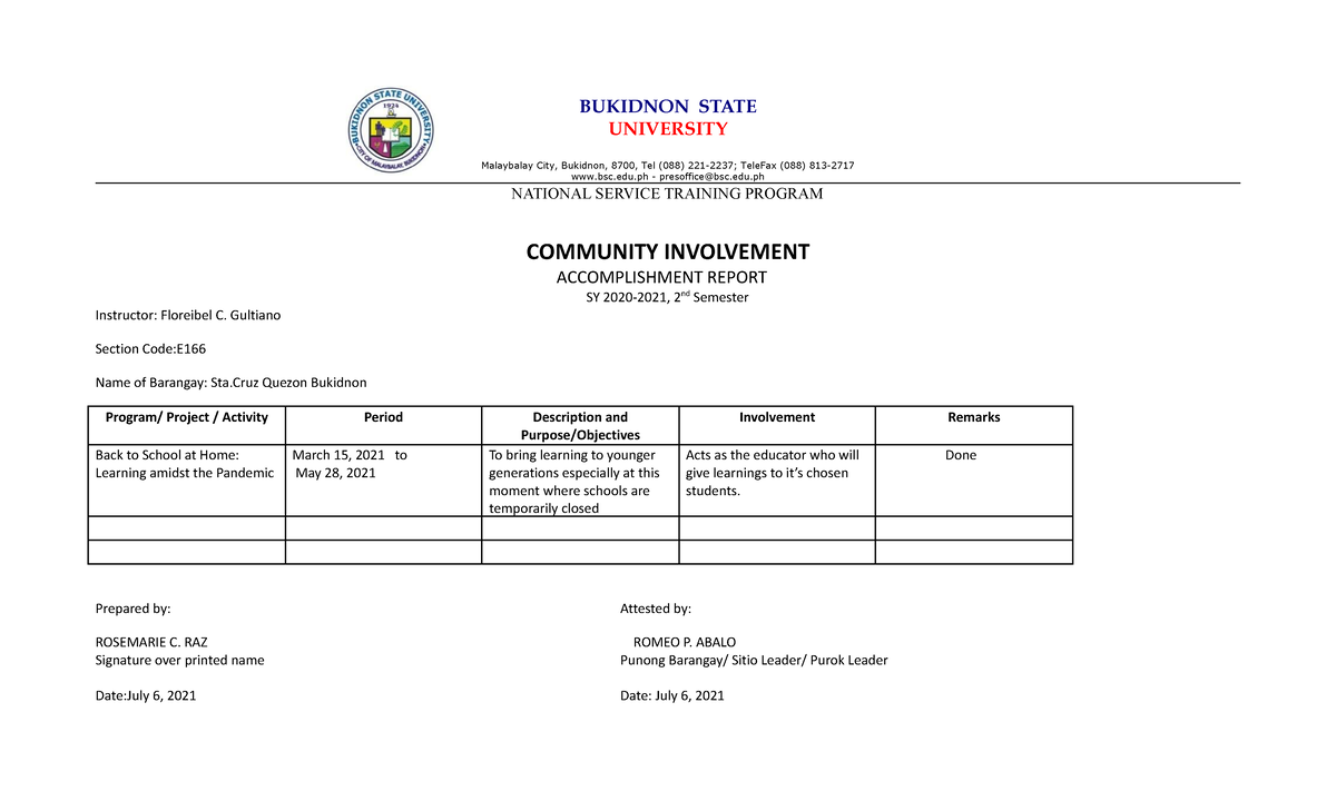 Accomplishment Reports - BUKIDNON STATE UNIVERSITY Malaybalay City ...