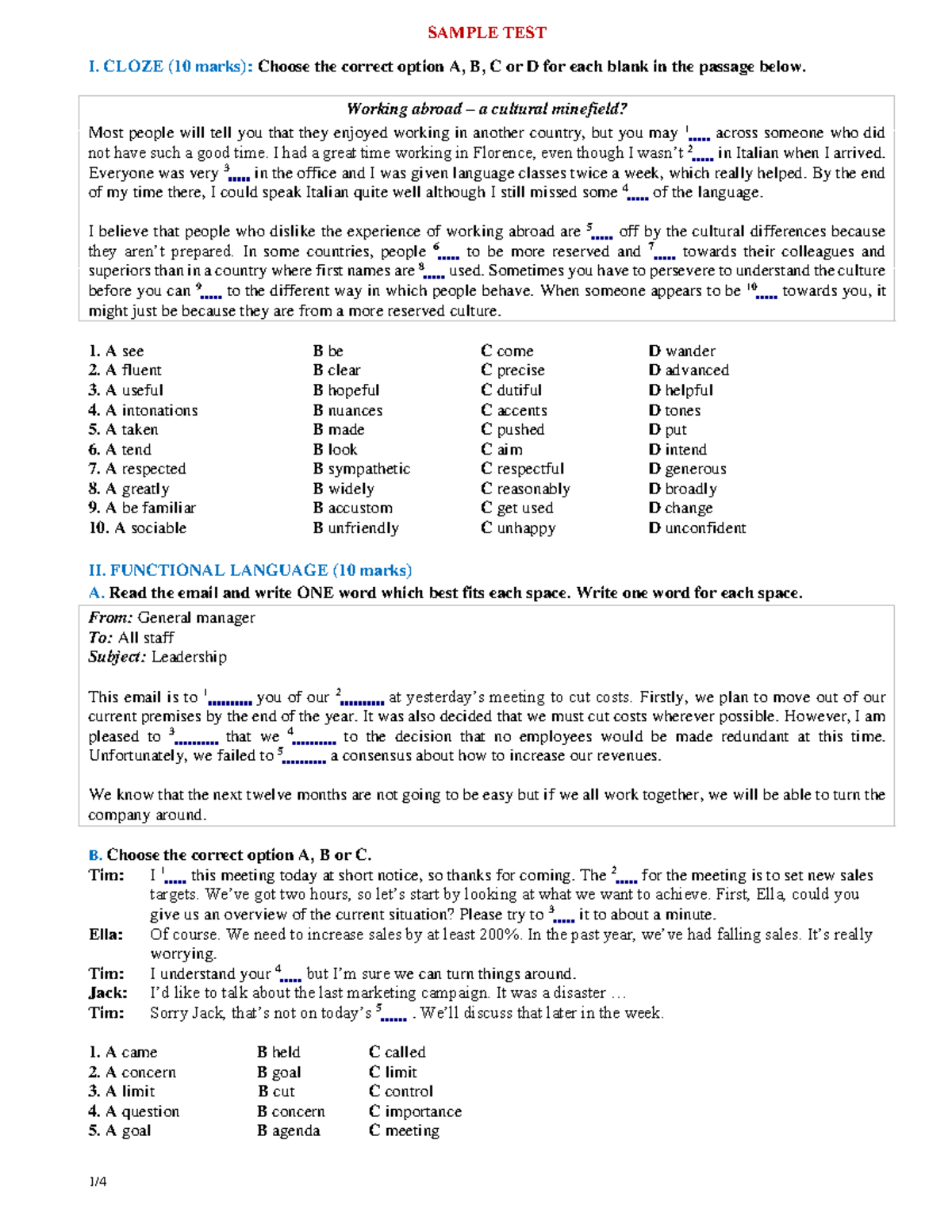 Sample TEST-M2 - Thầy Thắng - SAMPLE TEST I. CLOZE (10 marks): Choose ...