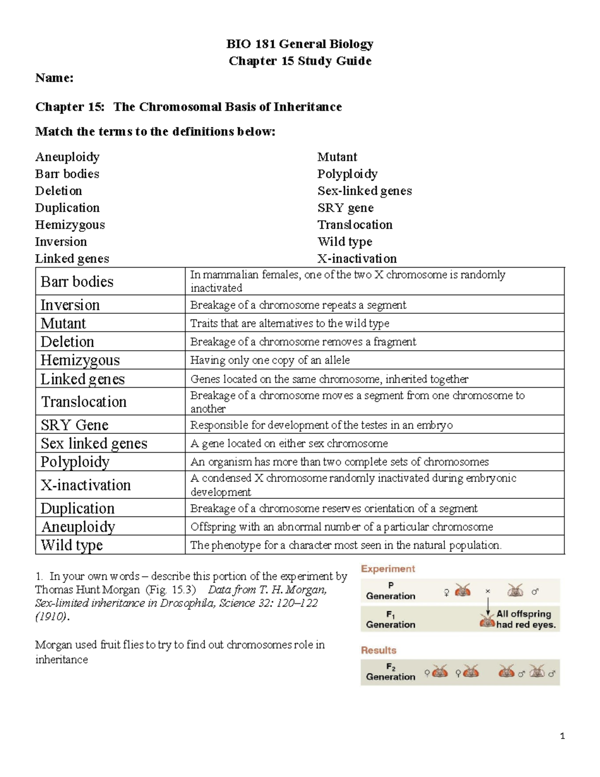 Chapter 15 study guide - BIO 181 General Biology Chapter 15 Study Guide ...