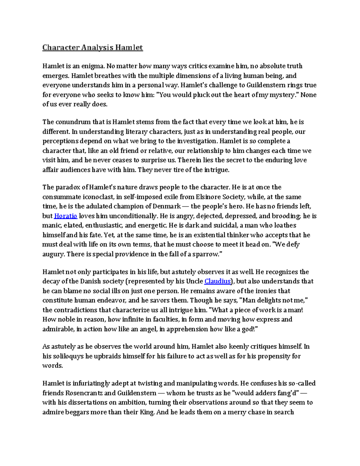 Character Analysis Hamlet - Character Analysis Hamlet Hamlet is an ...