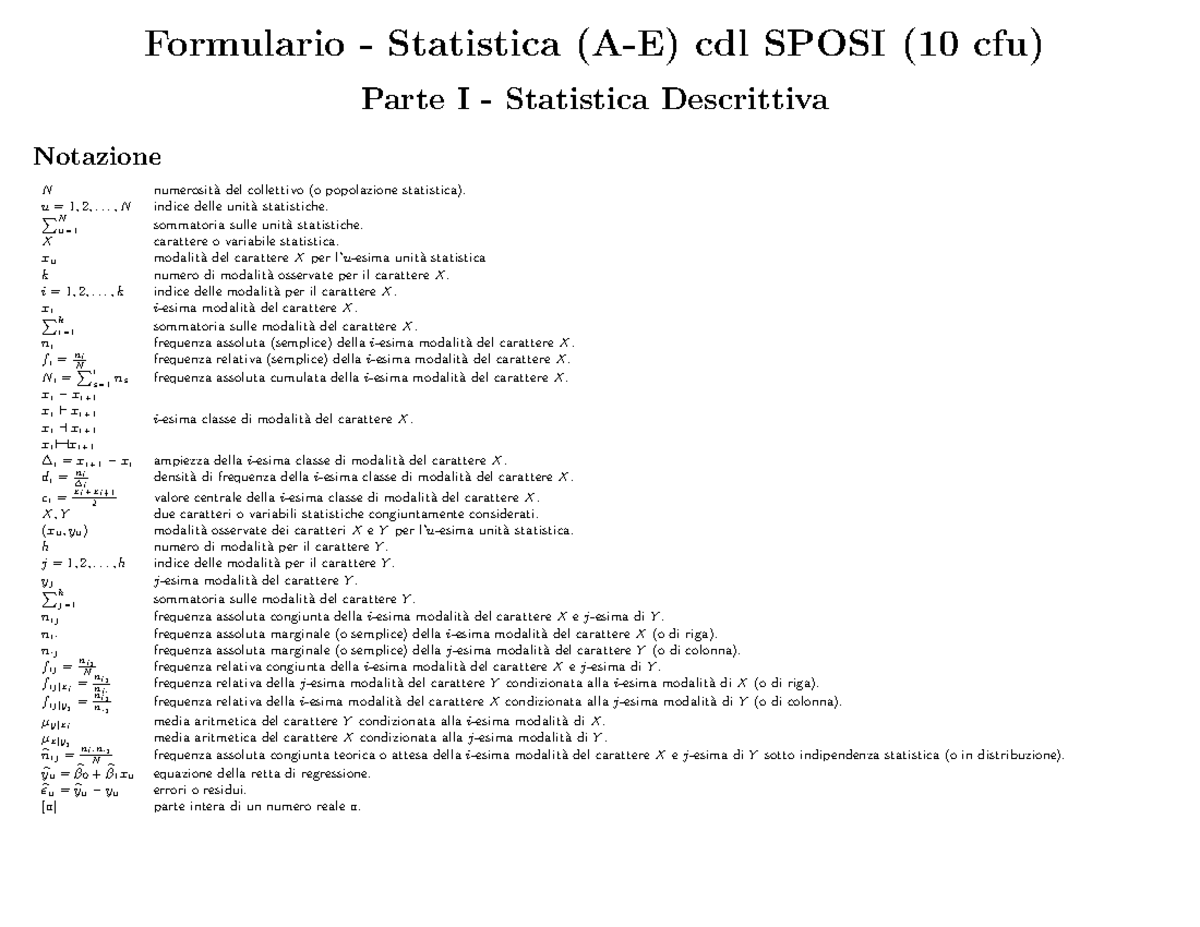 Formulario statistica descrittiva - Formulario - Statistica (A-E) cdl ...