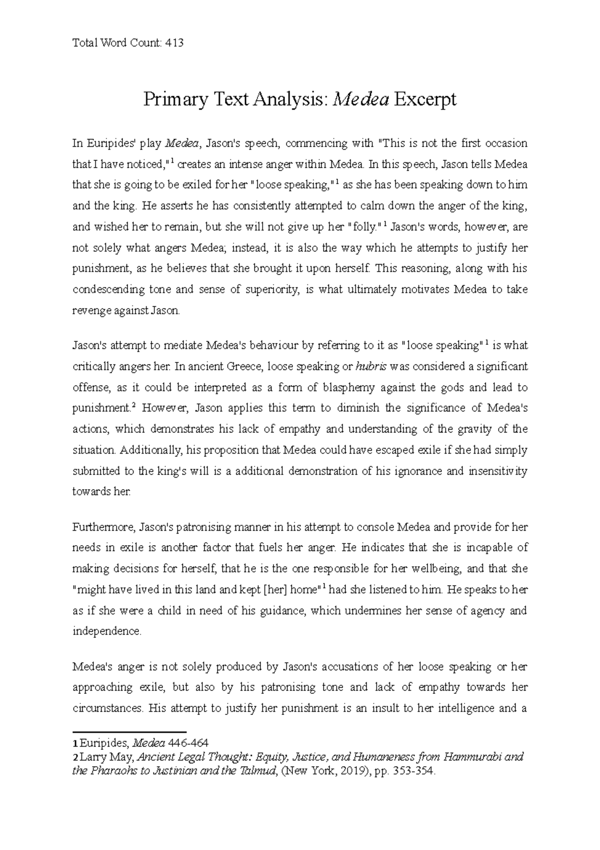 Primary Text Analysis - Medea - Total Word Count: 413 Primary Text ...