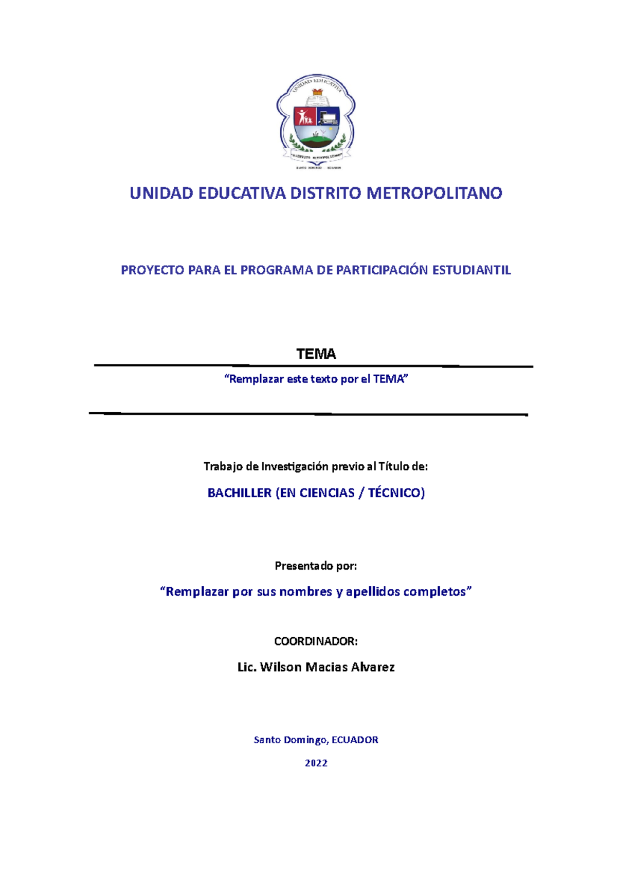 Proyecto Programa de Participación Estudiantil 2022 - UNIDAD EDUCATIVA ...