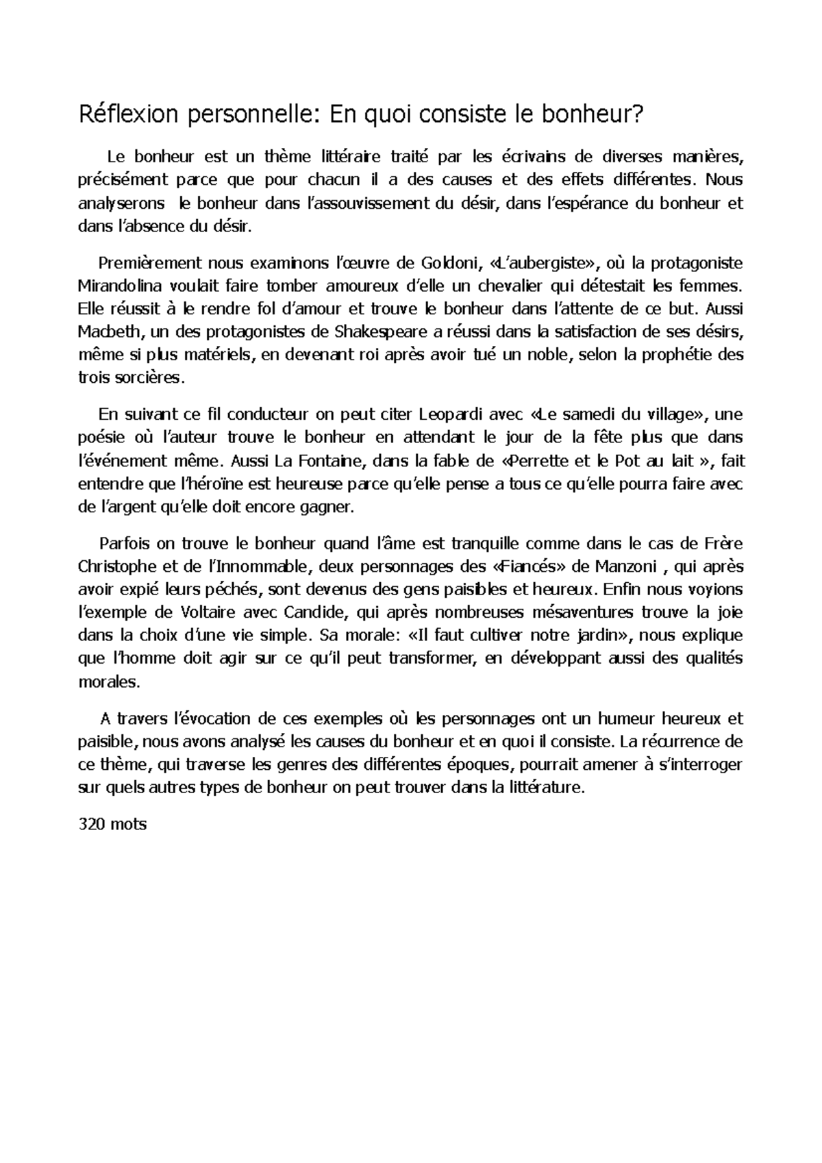 Réflexion personnelle - Le bonheur - Réflexion personnelle: En quoi ...