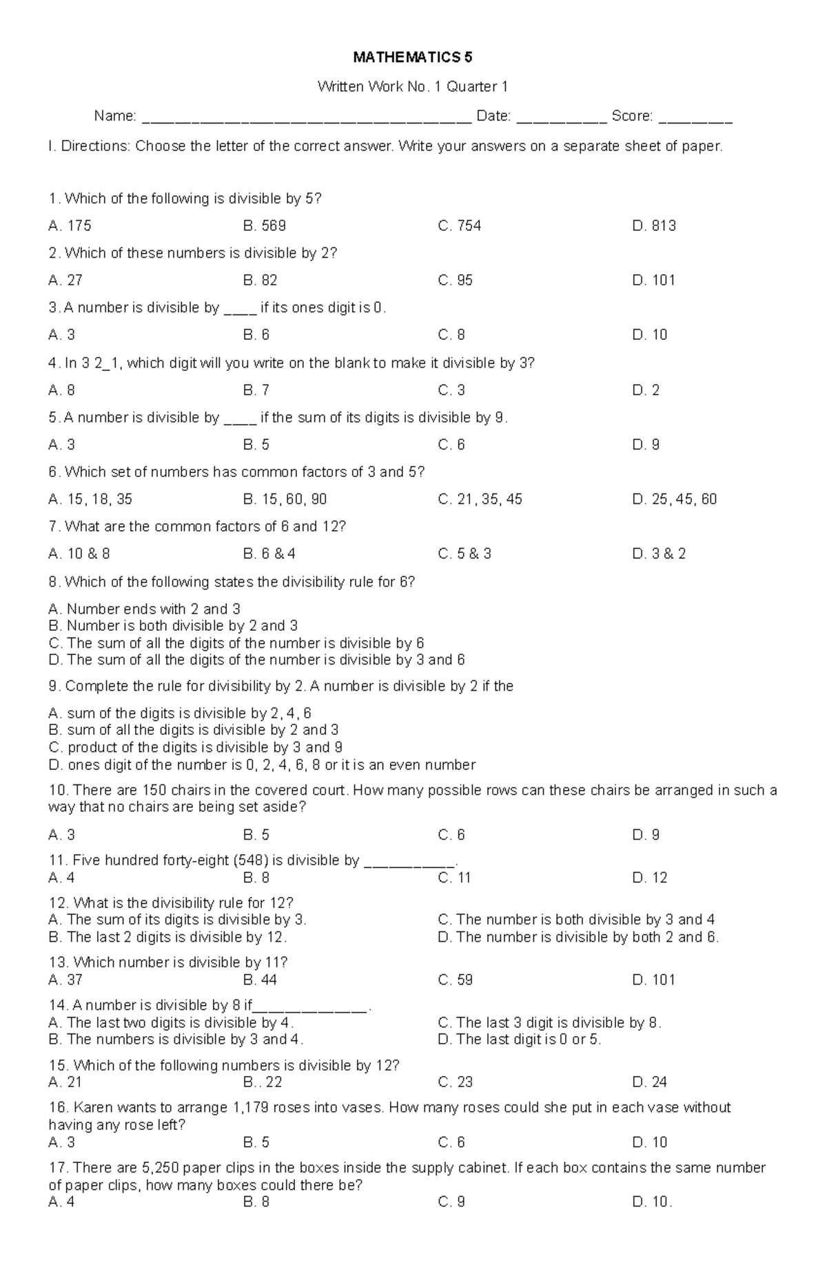 Summative Test Math Module 1 2 MATHEMATICS 5 Written Work No 1