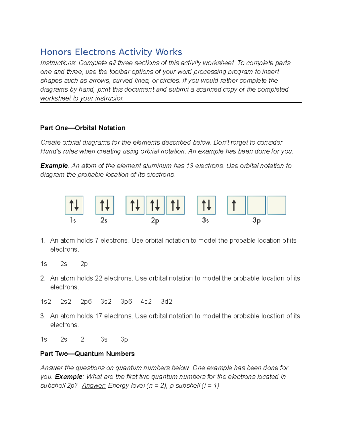 Honors electrons activity - To complete parts one and three, use the ...