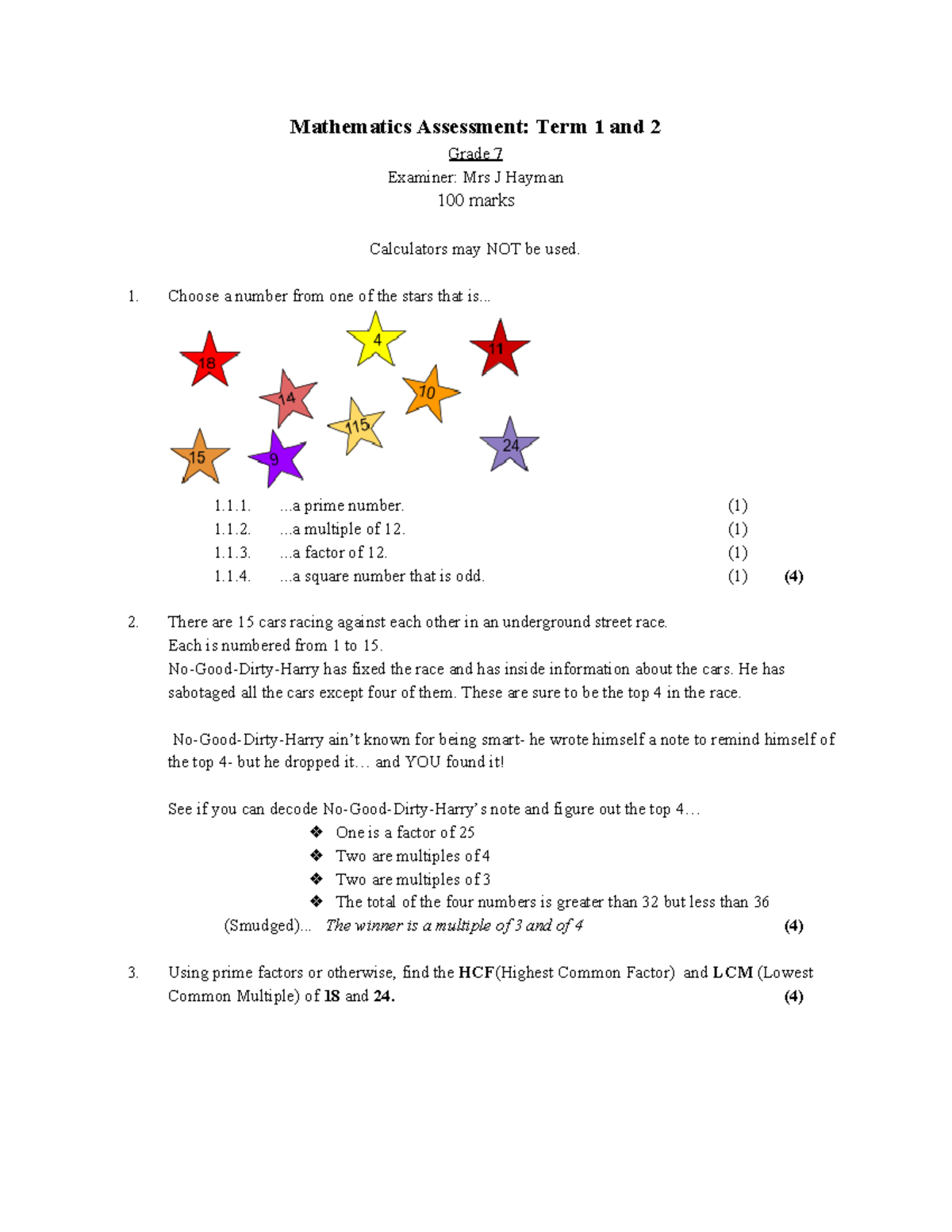 Gr07 maths term2 pack01 practice paper - Mathematics Assessment: Term 1 and 2 Grade 7 Examiner ...
