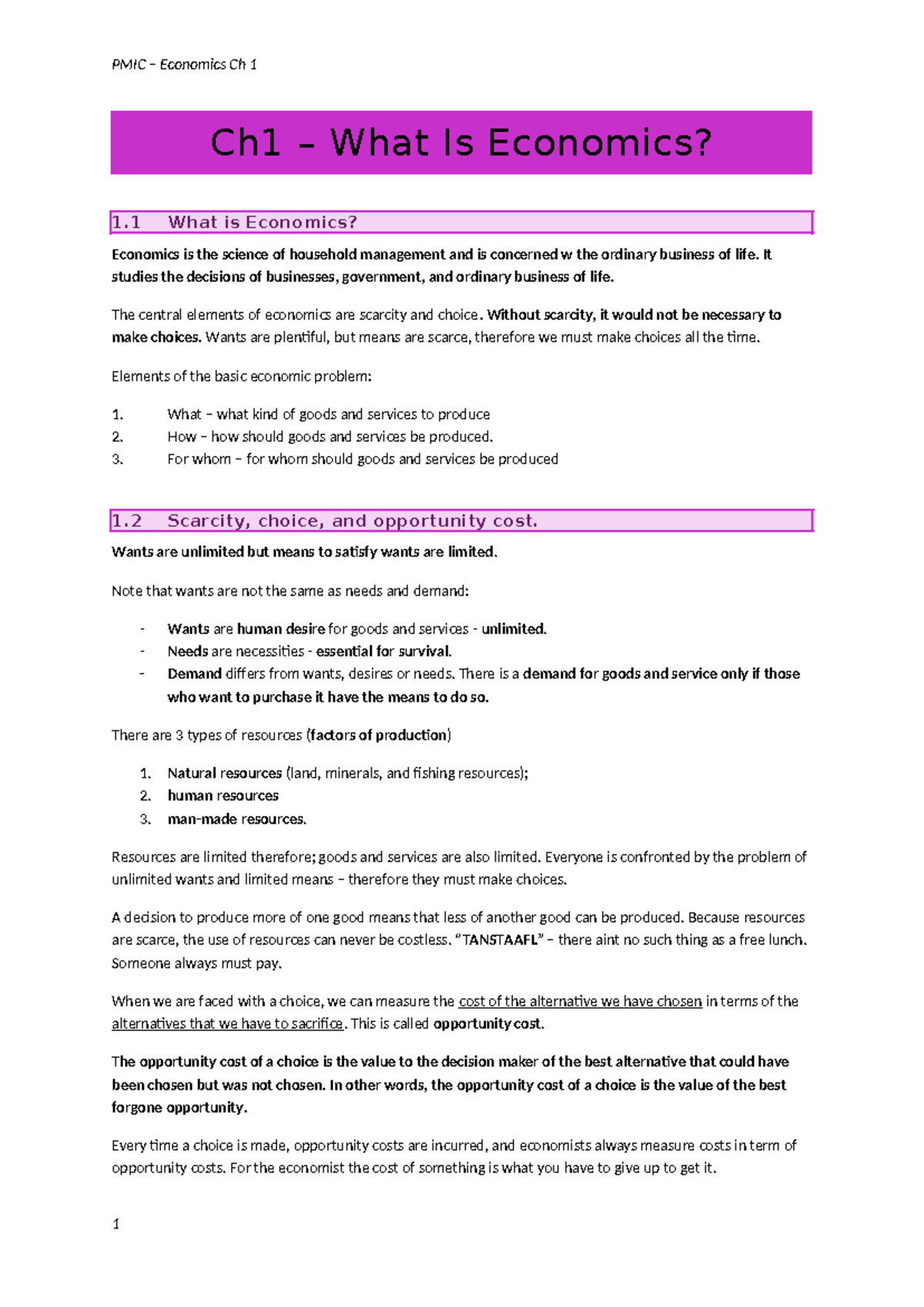 Economics Ch 1 - Ch1 – What Is Economics? 1 What is Economics ...