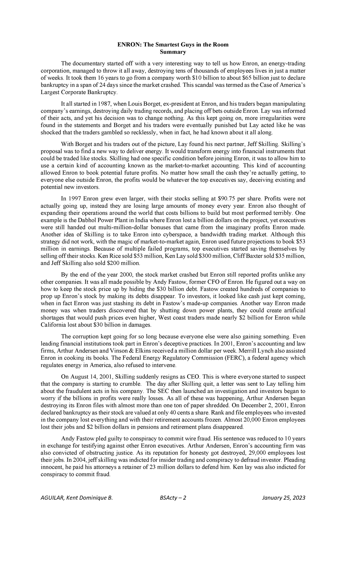 Enron Reaction Paper - A short summary of events that factored to the ...