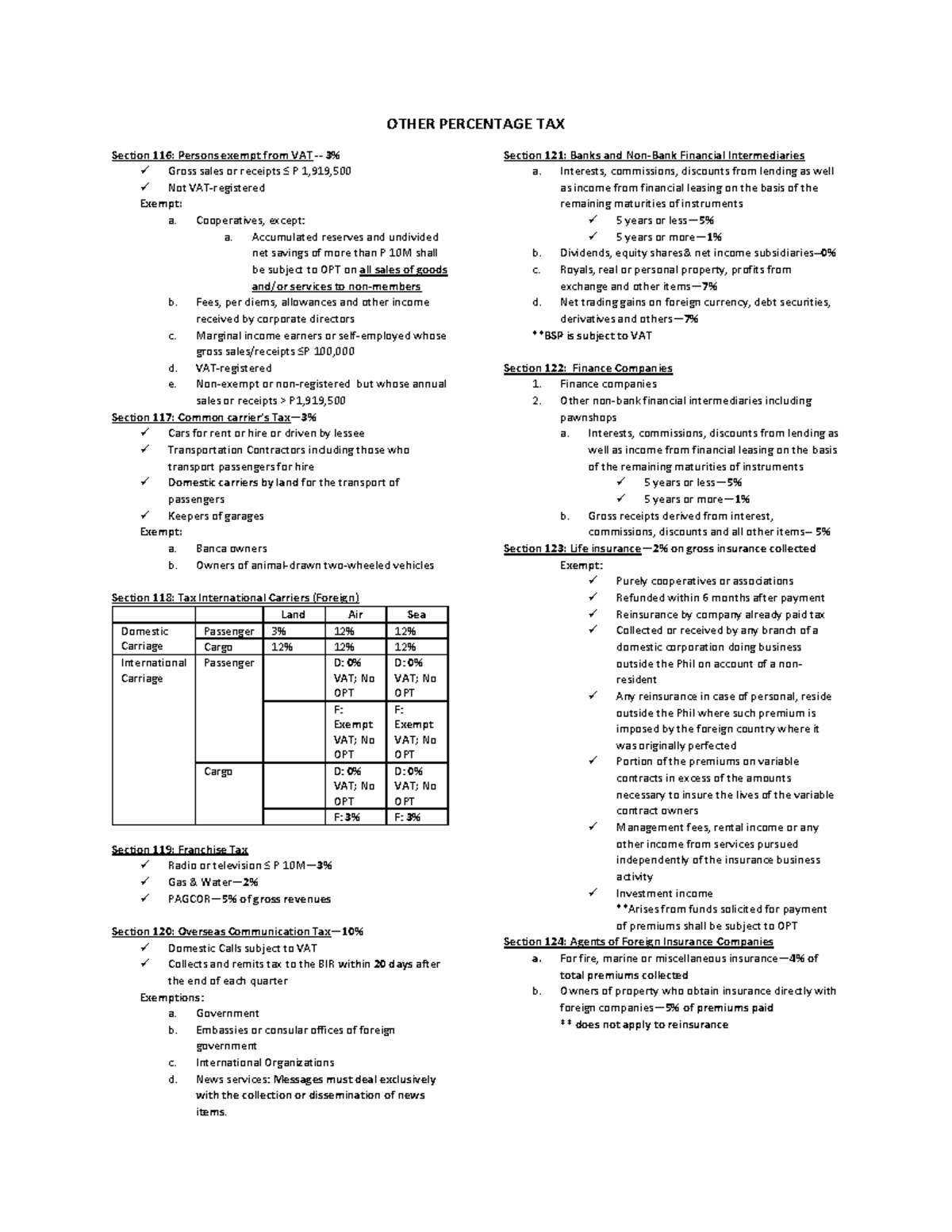 Other Percentage TAX - Summary of OPT tax on including TRAIN law ...