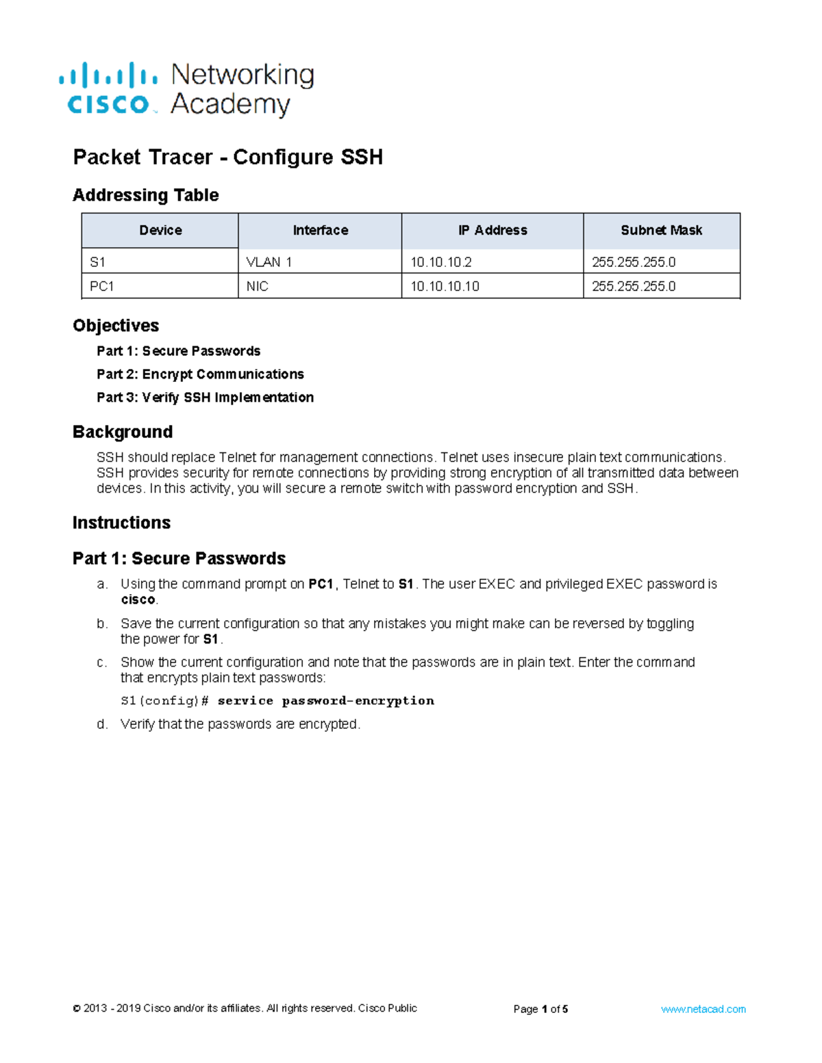 1 - sssui - Packet Tracer - Configure SSH Addressing Table Device ...