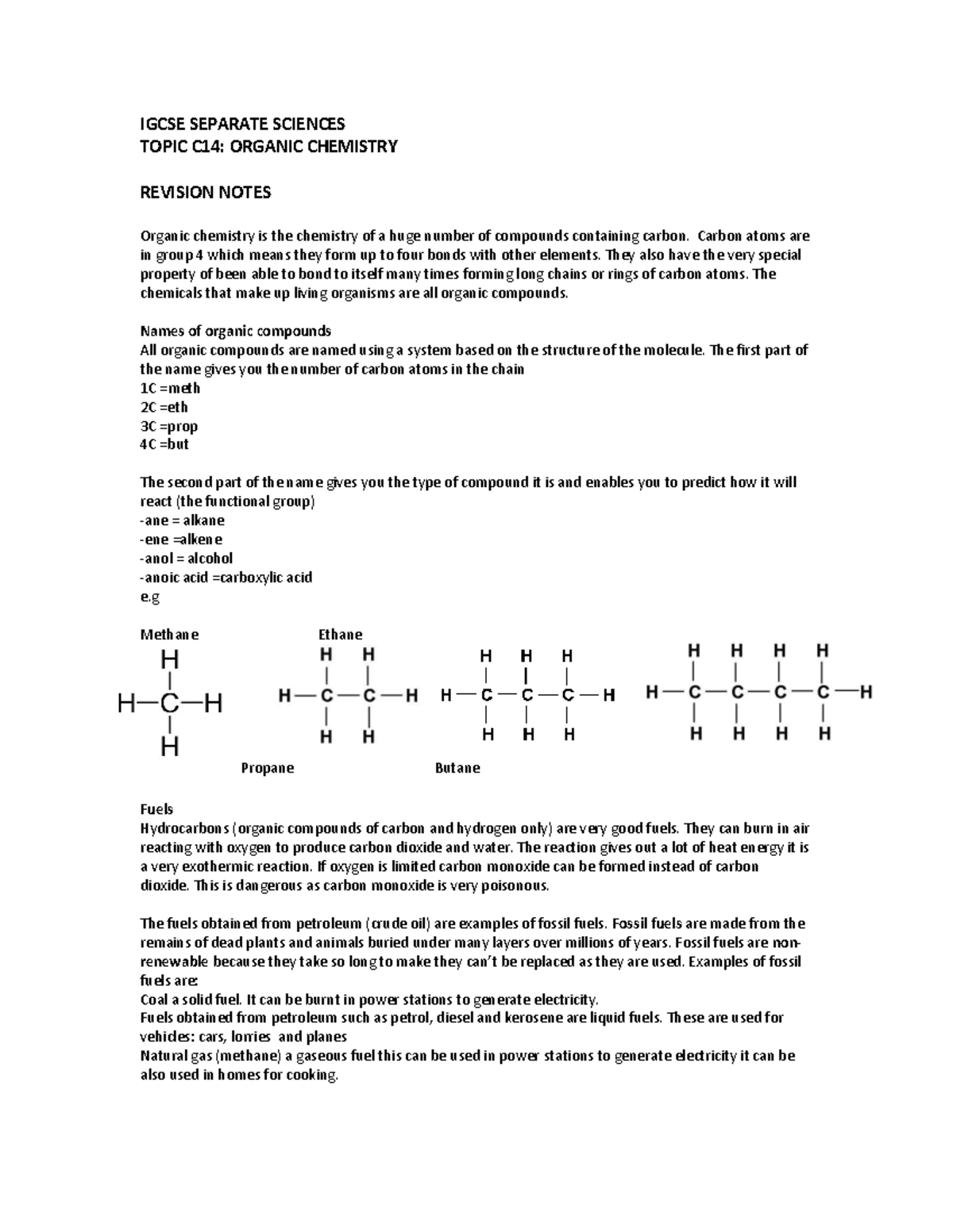 C14 organic chemistry - IGCSE SEPARATE SCIENCES TOPIC C14: ORGANIC ...