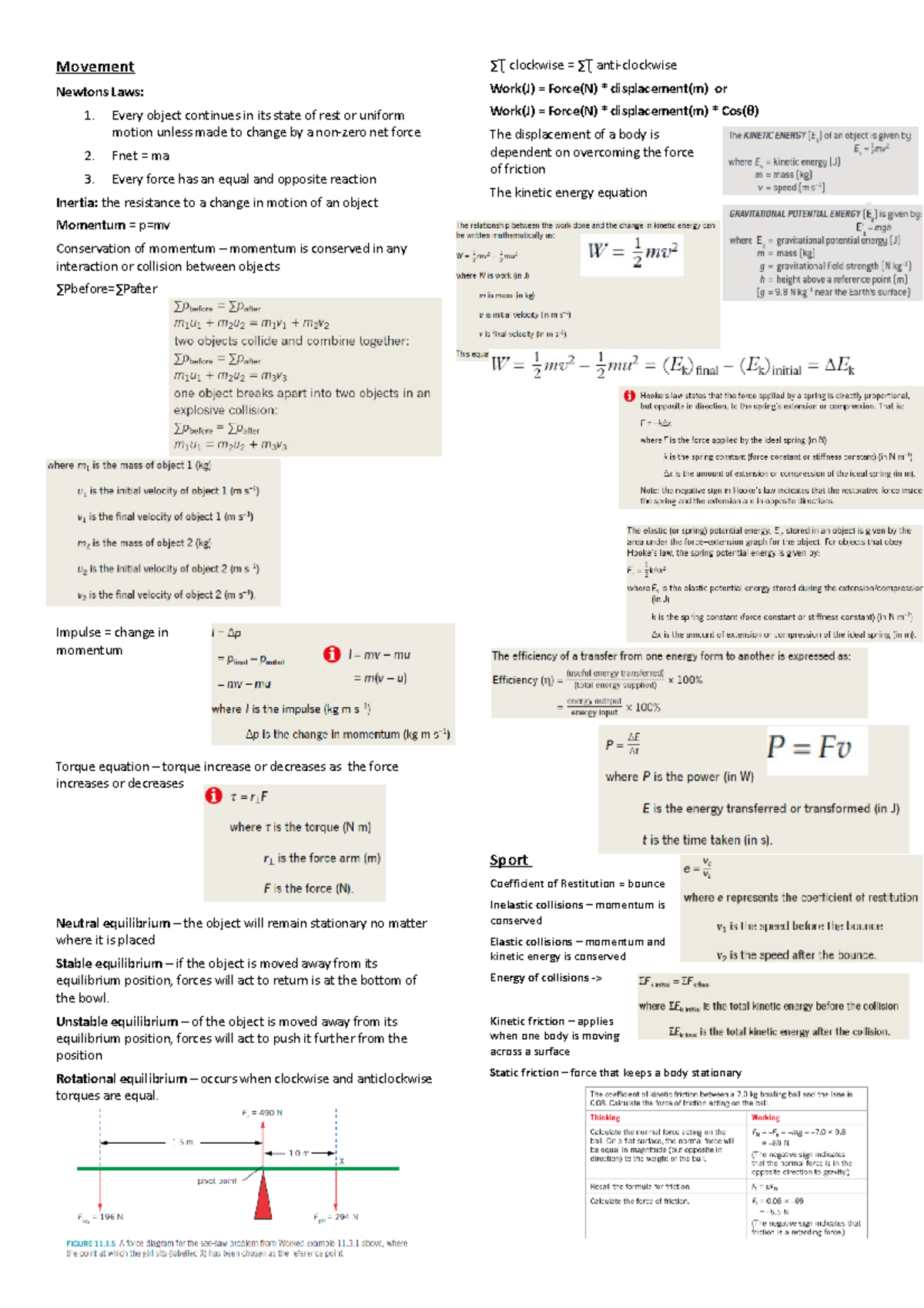 Physics Unit 2 Exam Summary Sheet - Movement Newtons Laws: 1. Every ...