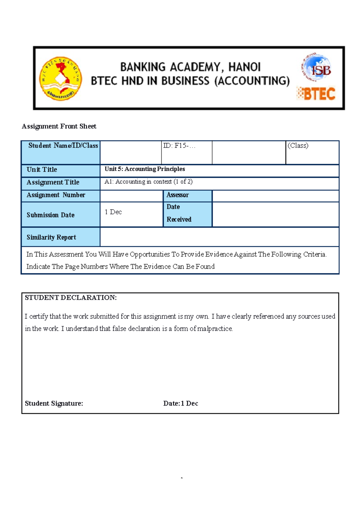 A1 Cover page copy - Assignment Front Sheet Student Name/ID/Class ID ...