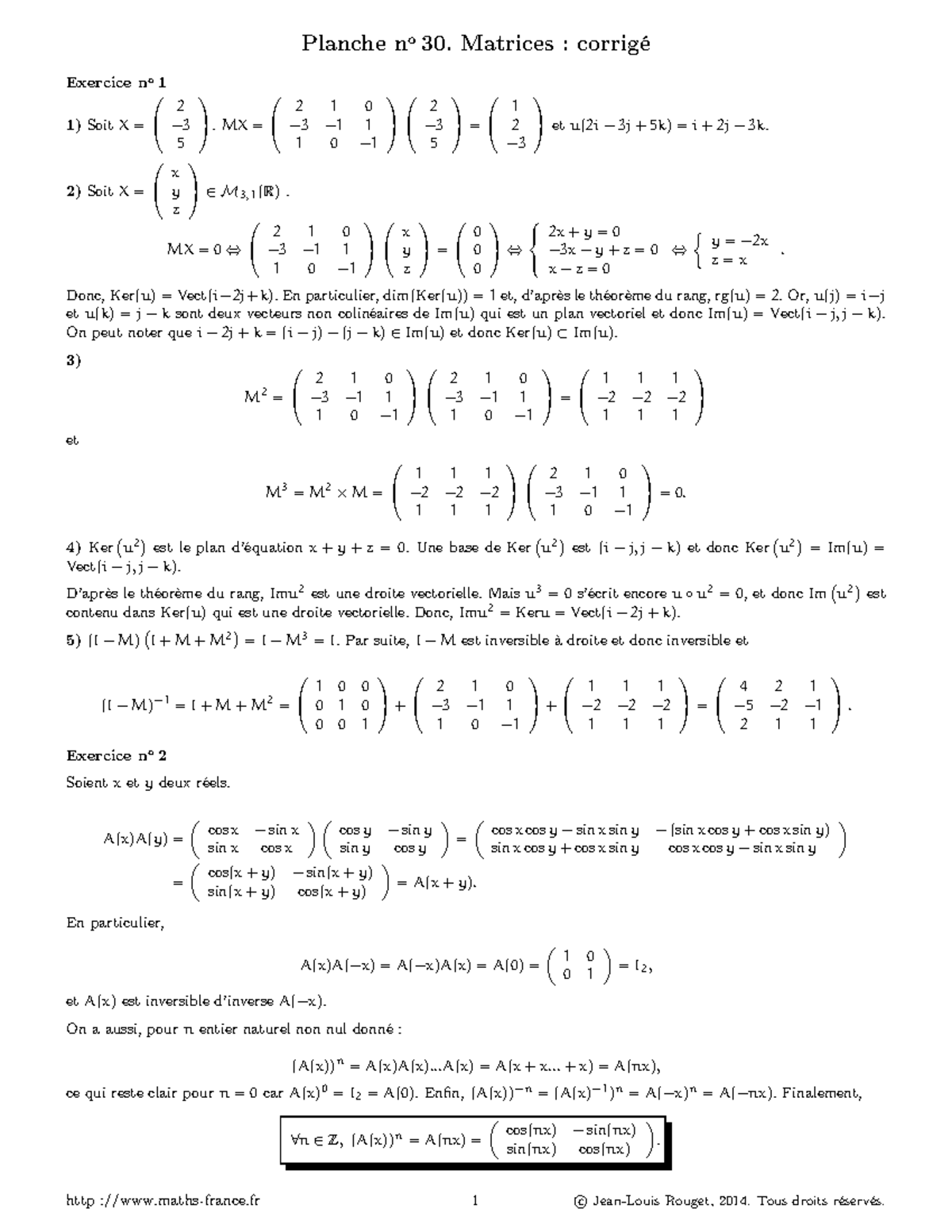 30-matrices-corrige - Planche no 30. Matrices : corrigé Exercice no 1 ...
