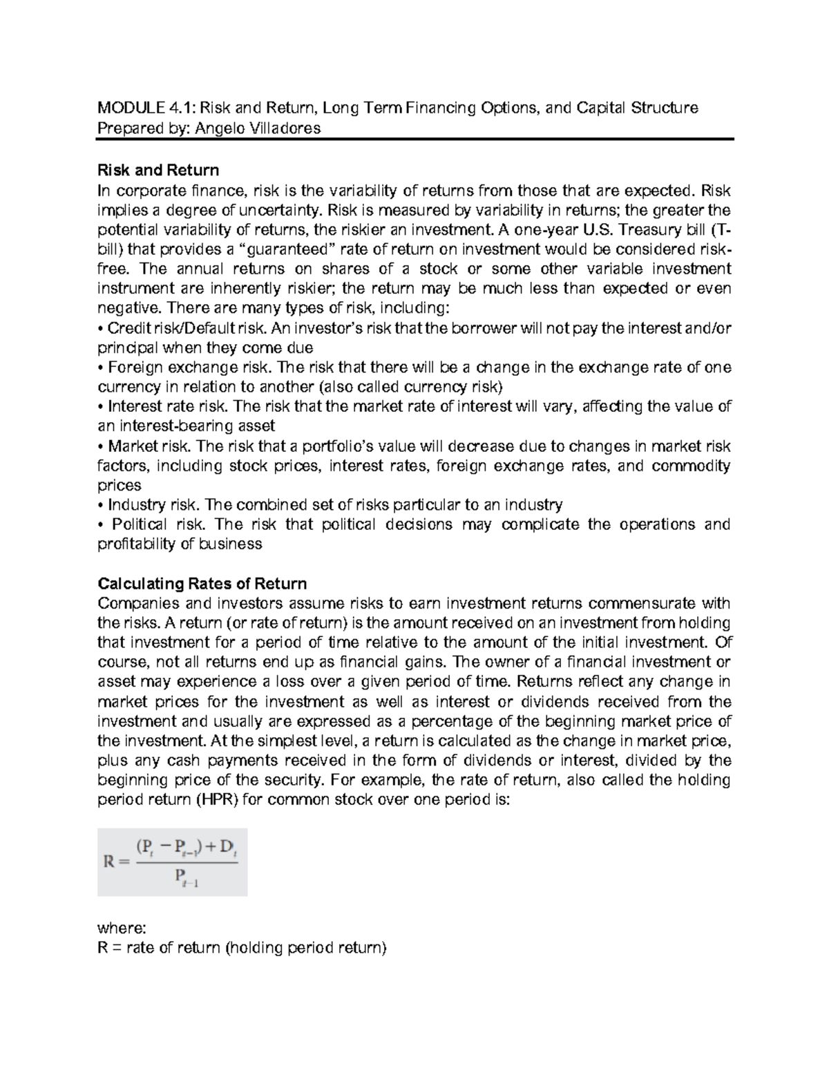 Module 4.1 Risk and Return, Long Term Financing Options, and Capital ...