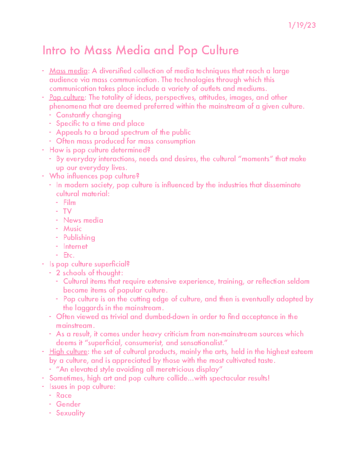 Intro to Mass Media and Pop Culture - 1/19/ Intro to Mass Media and Pop ...