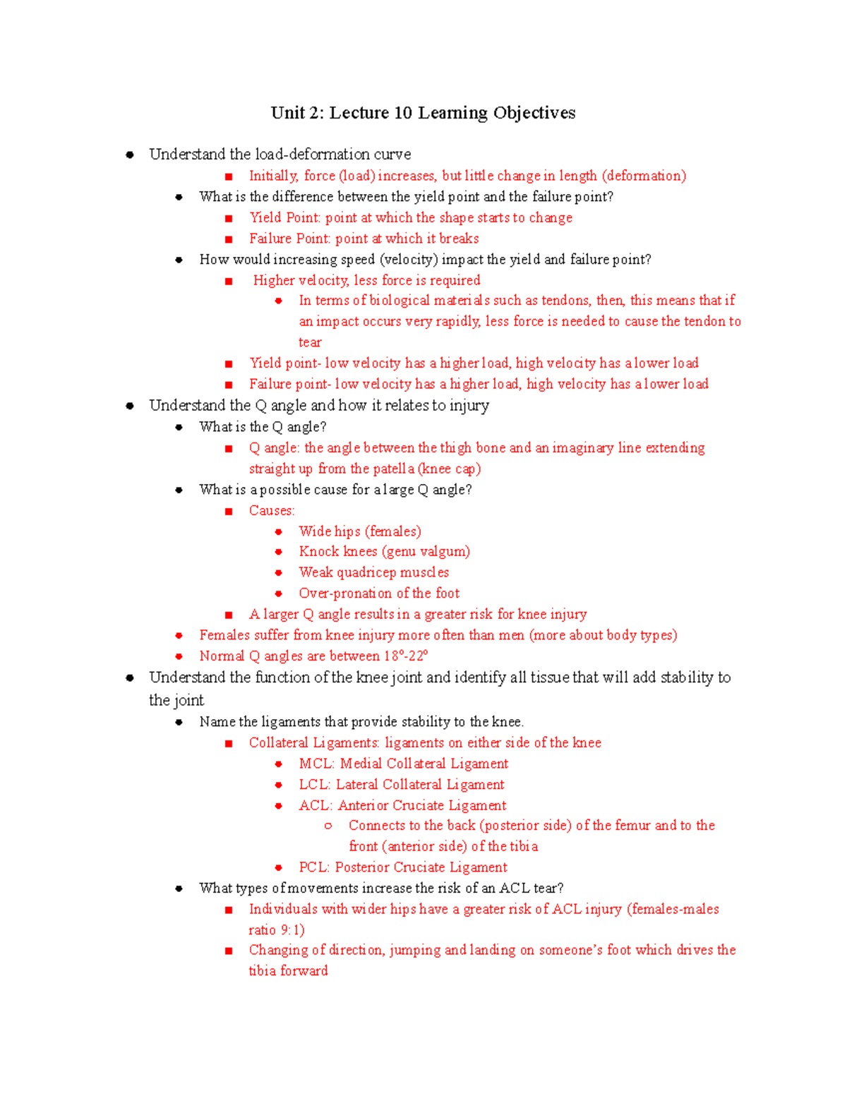 KIN Lecture 10 Learning Objective Questions - Unit 2: Lecture 10 Learning Objectives Understand ...