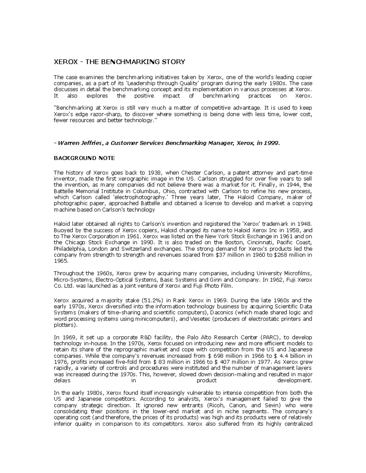 Xerox case study - XEROX - THE BENCHMARKING STORY The case examines the ...