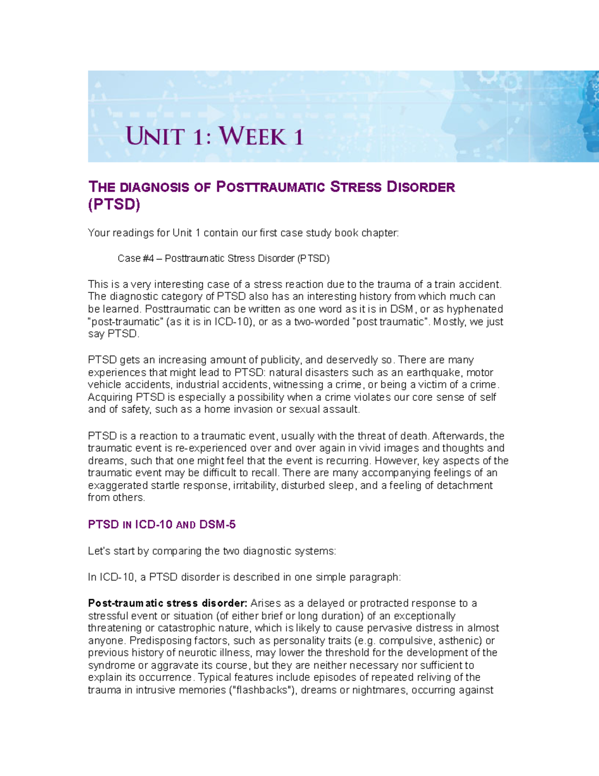 PTSD - Lecture notes 1 - THE DIAGNOSIS OF POSTTRAUMATIC STRESS DISORDER ...