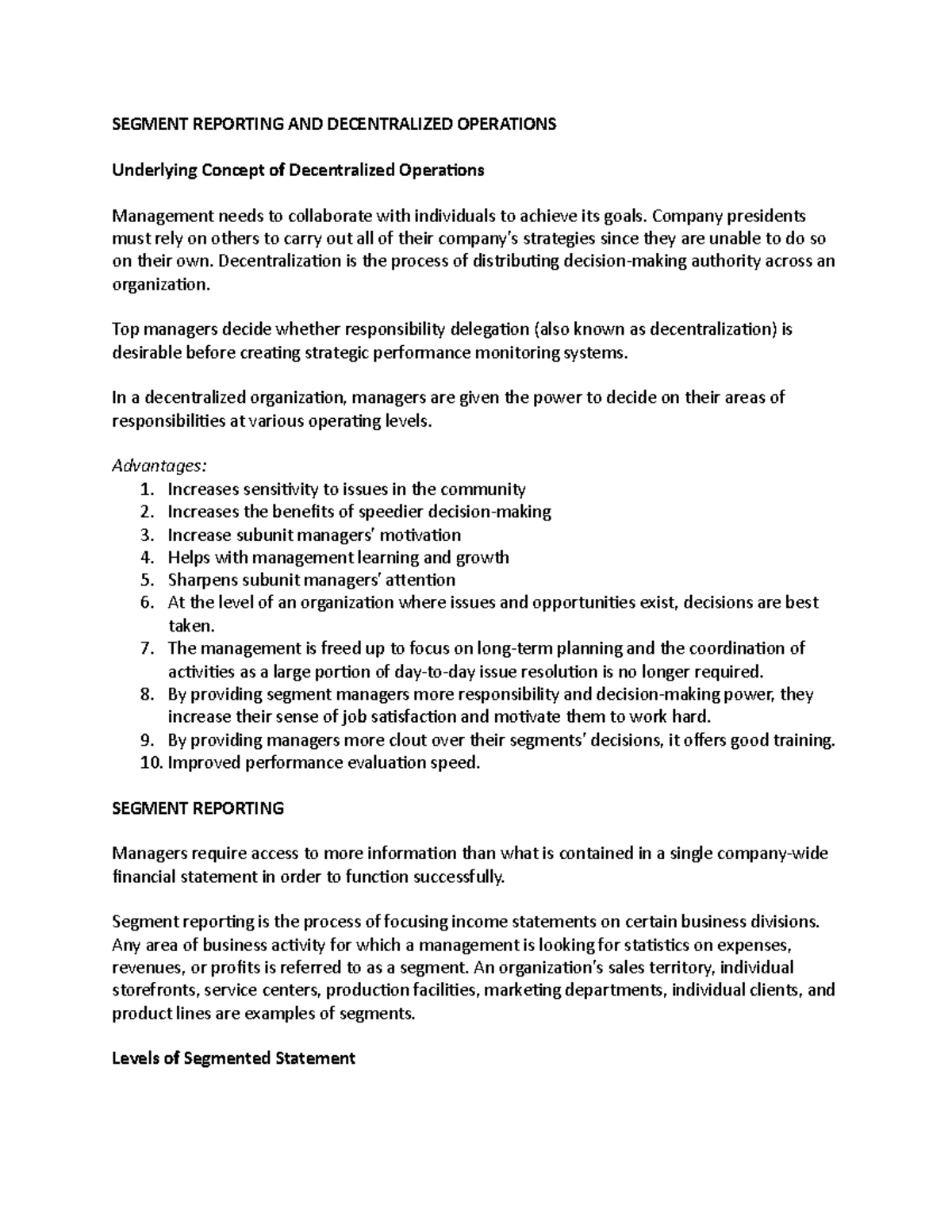 Segment Reporting And Decentralized Operations Segment Reporting And Decentralized Operations