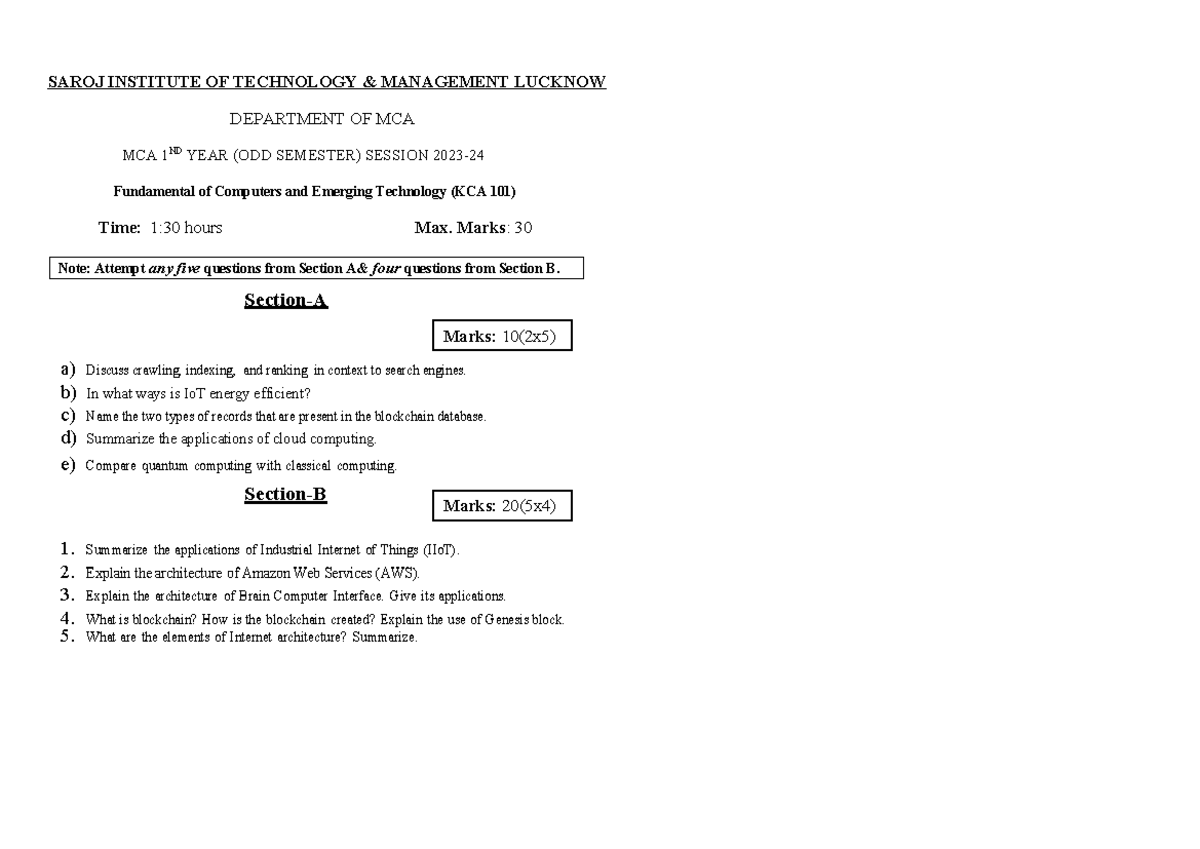 Fundamentals 1 - Marks: 20(5x4) Marks: 10(2x5) SAROJ INSTITUTE OF ...