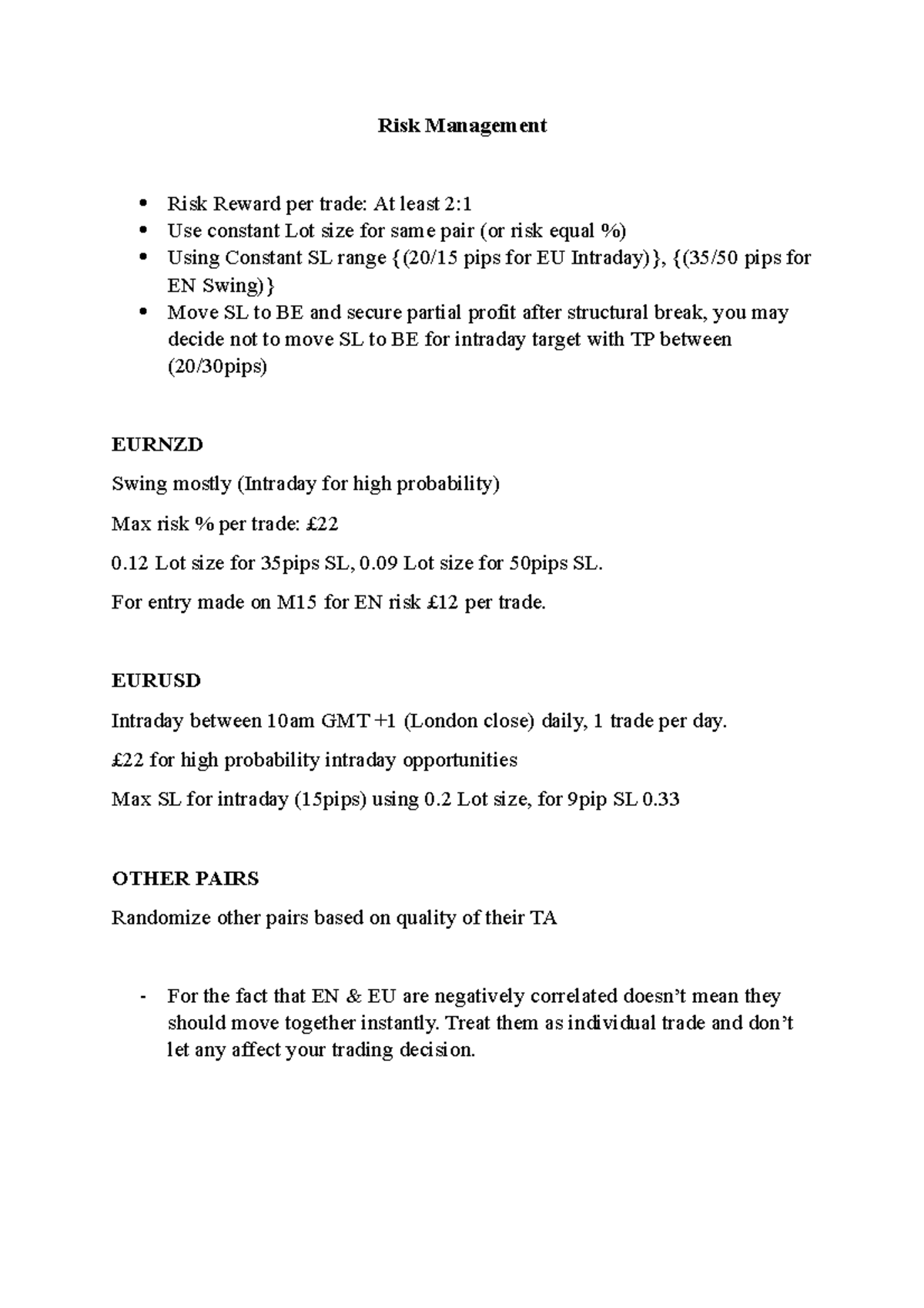 Risk Management Draft - Year 1 - Risk Management Risk Reward per trade ...