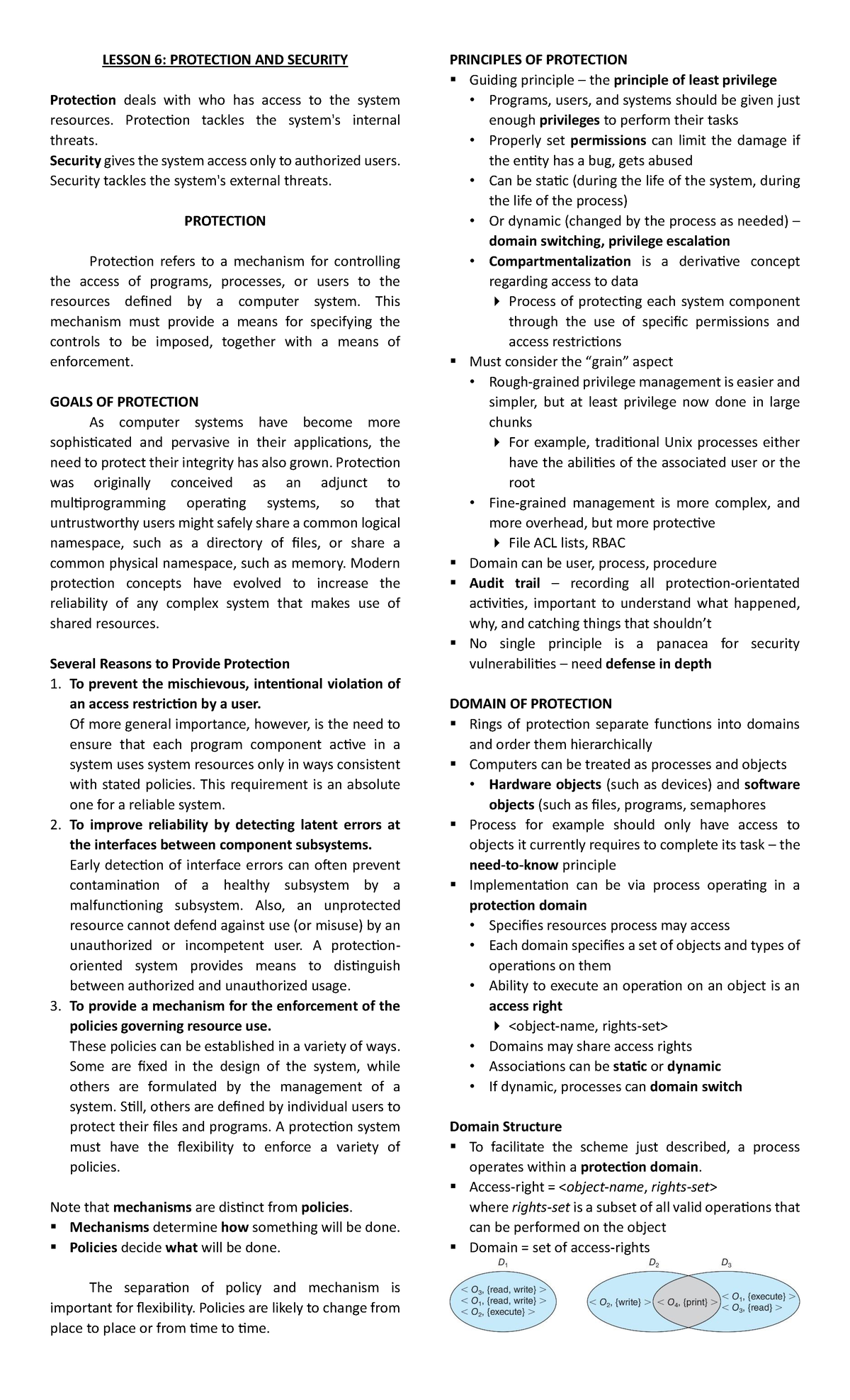 OS Lesson 6 Reviewer - LESSON 6: PROTECTION AND SECURITY Protection ...