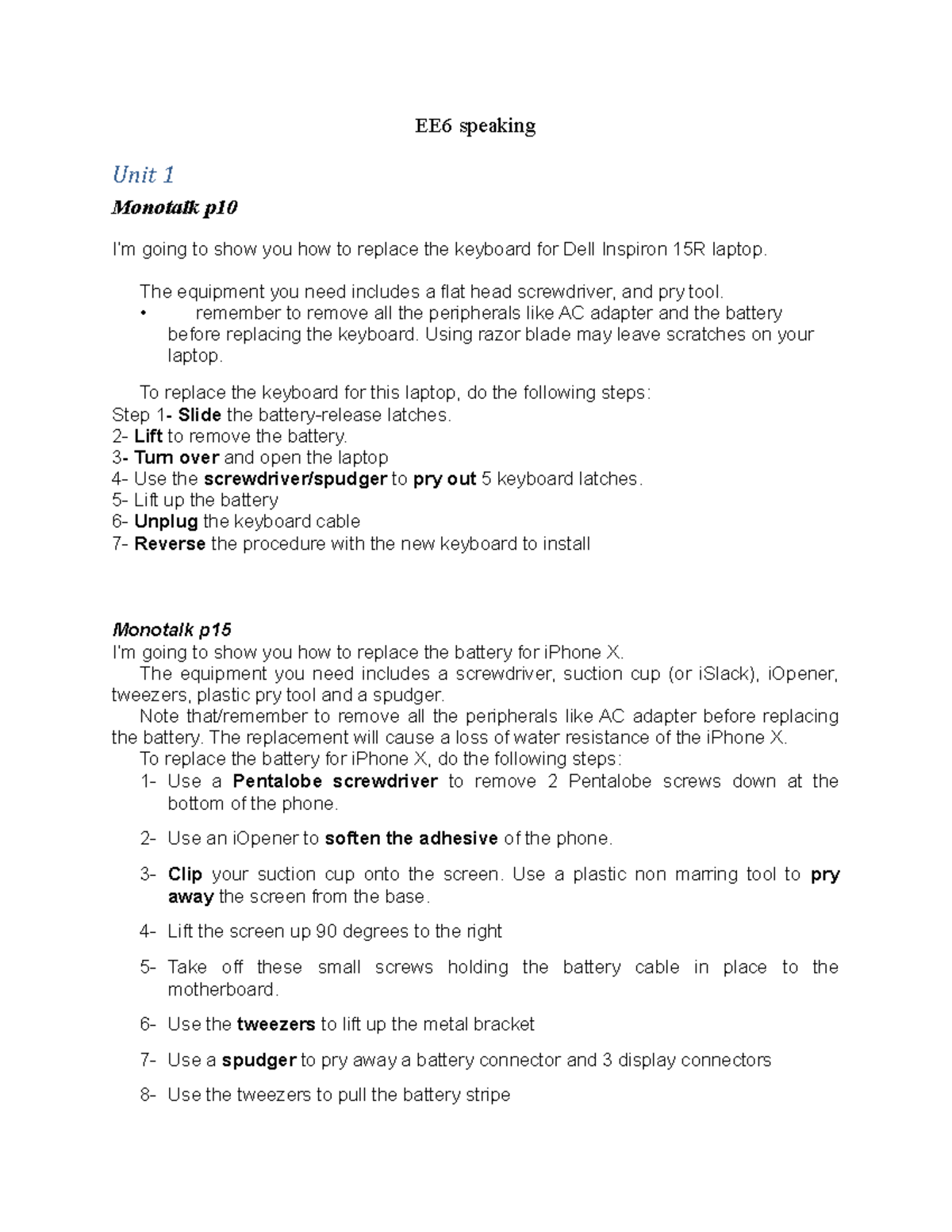 Tong hop EE6 speaking - EE6 speaking Unit 1 Monotalk p I’m going to ...