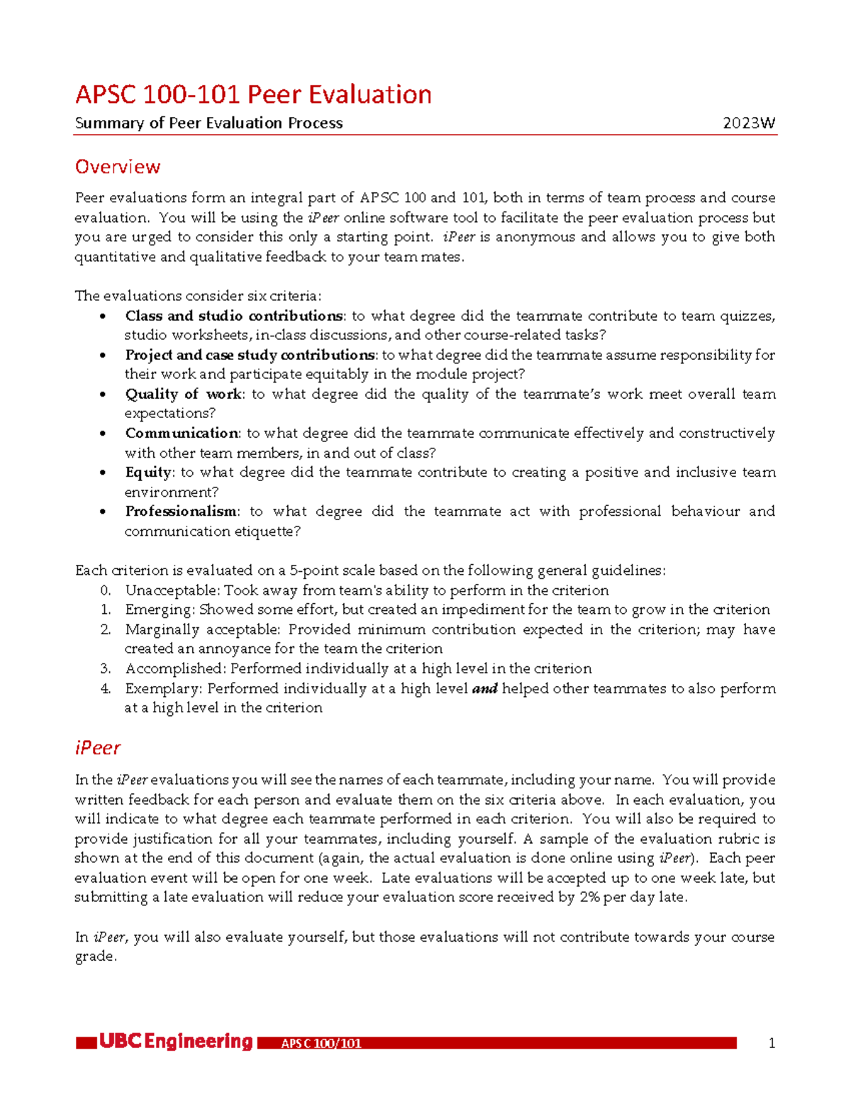APSC100-101-Peer Evaluation Process - APSC 100-101 Peer Evaluation ...