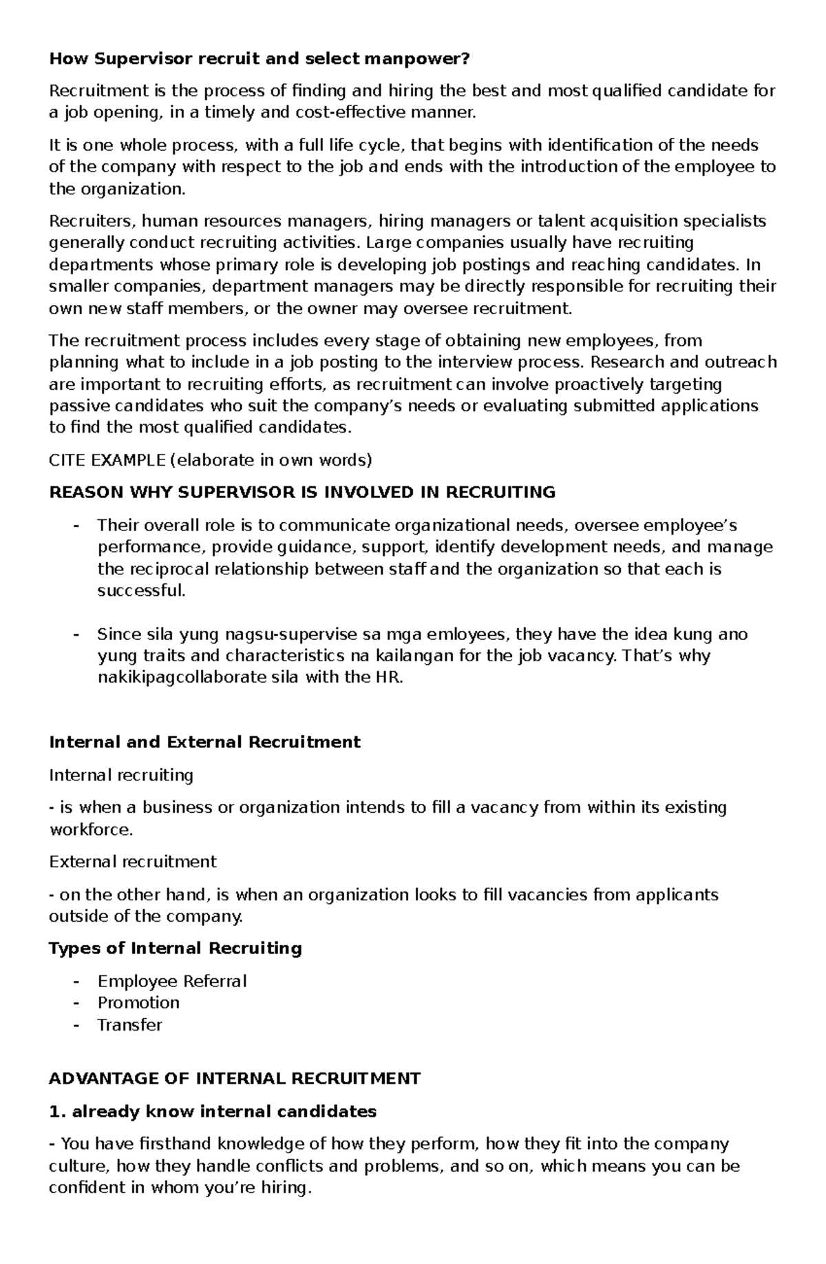 Recruitment - How Supervisor recruit and select manpower? Recruitment ...