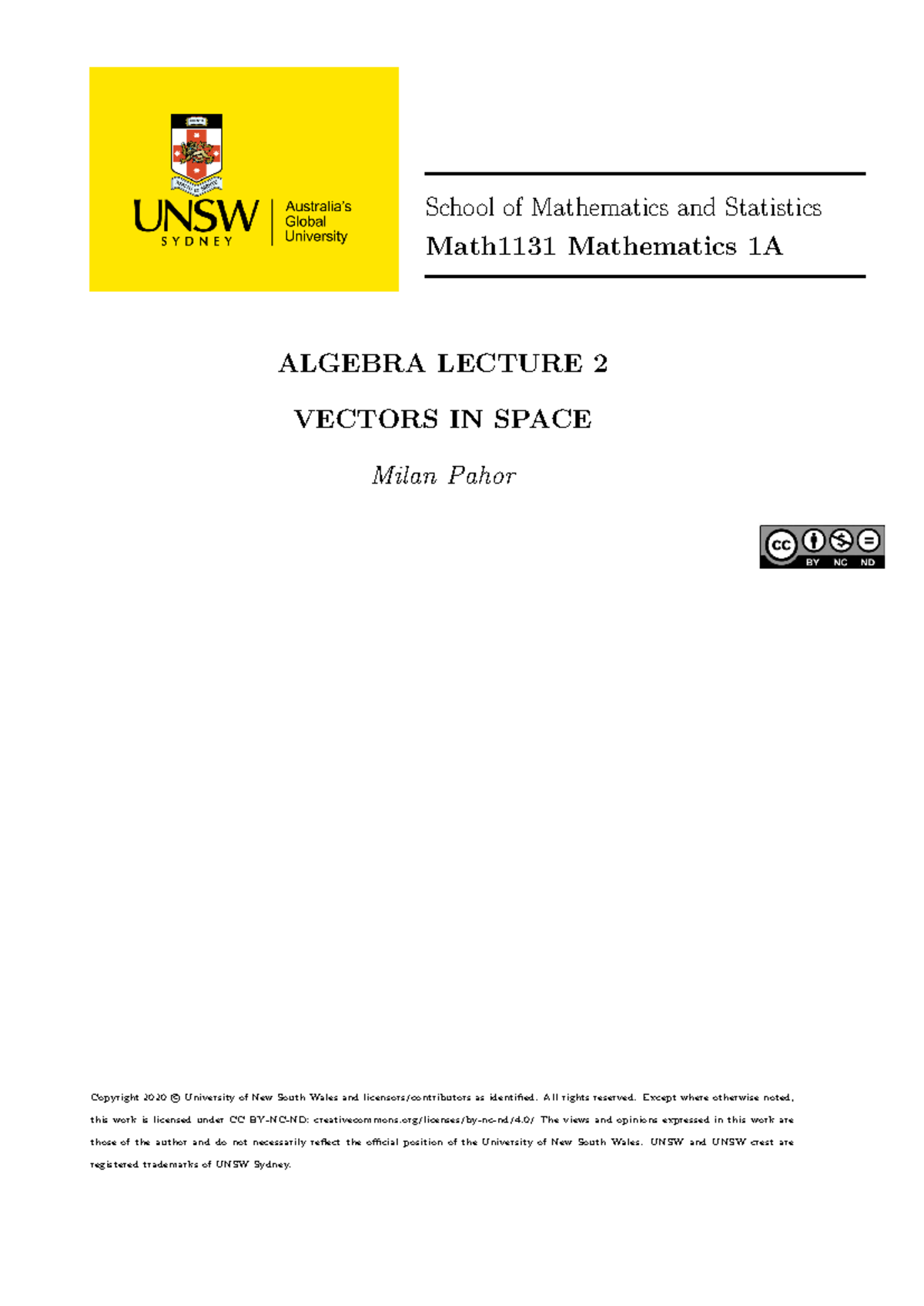 Lecture 02 Vectors in space - School of Mathematics and Statistics ...