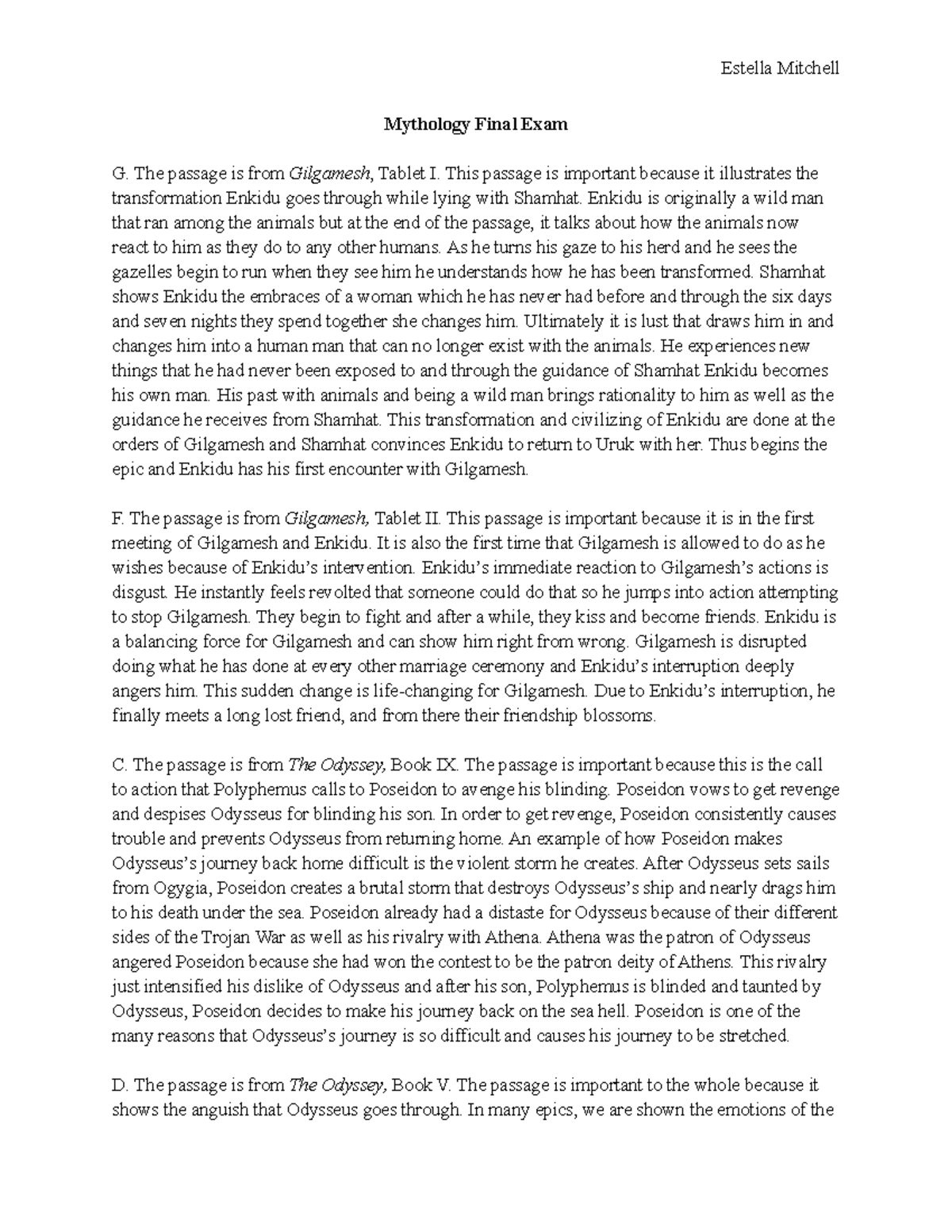 Mythology Final Exam - Estella Mitchell Mythology Final Exam G. The ...