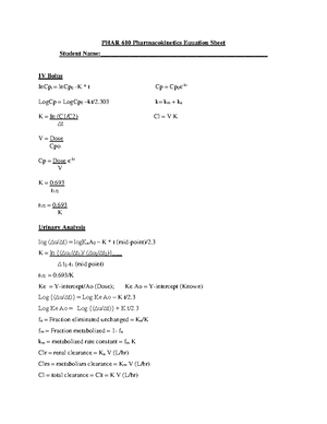 Equation Sheet-2 - Formula Sheet - Pharmacokinetics Equation Sheet ...