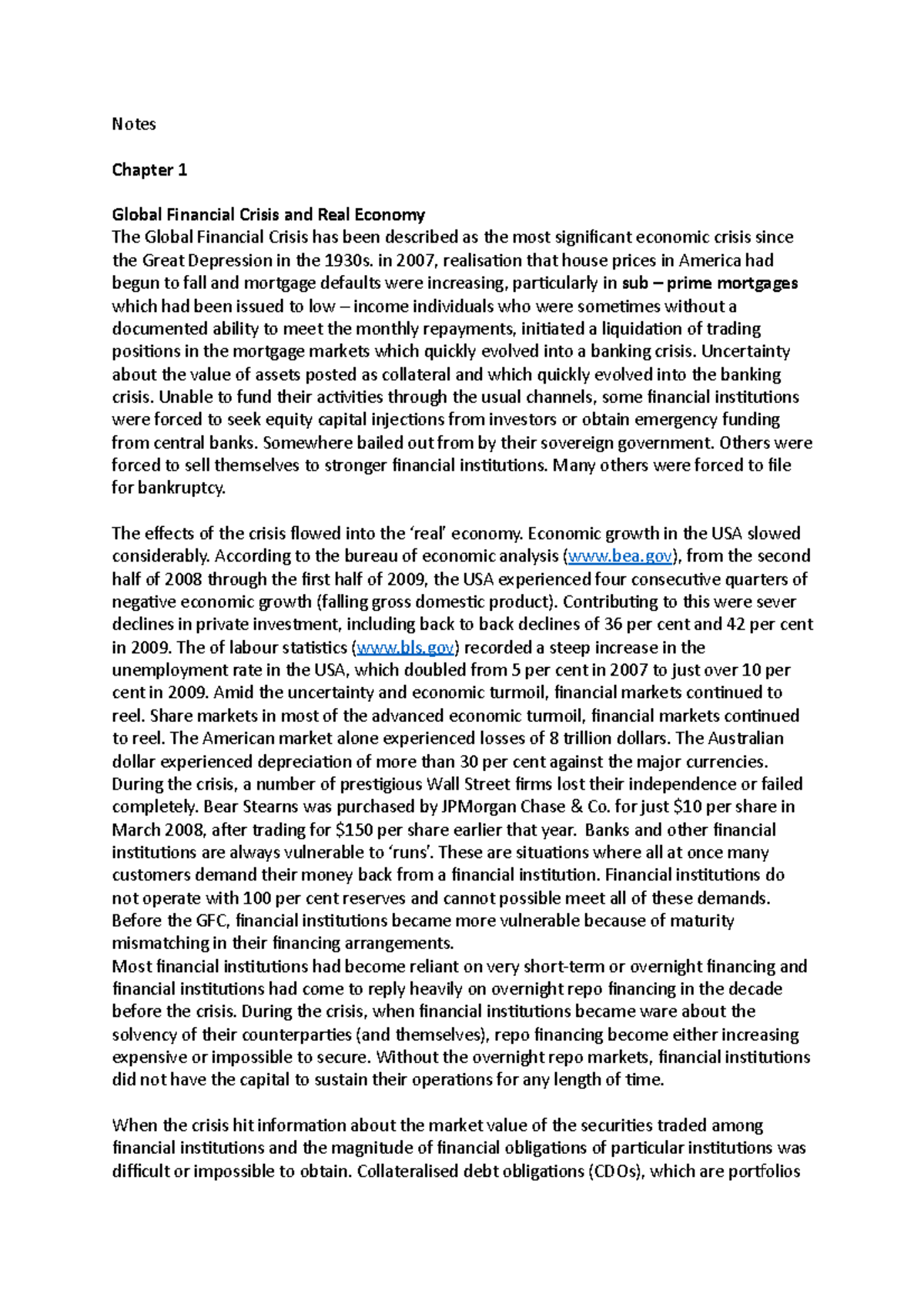 Notes - Notes Chapter 1 Global Financial Crisis and Real Economy The ...