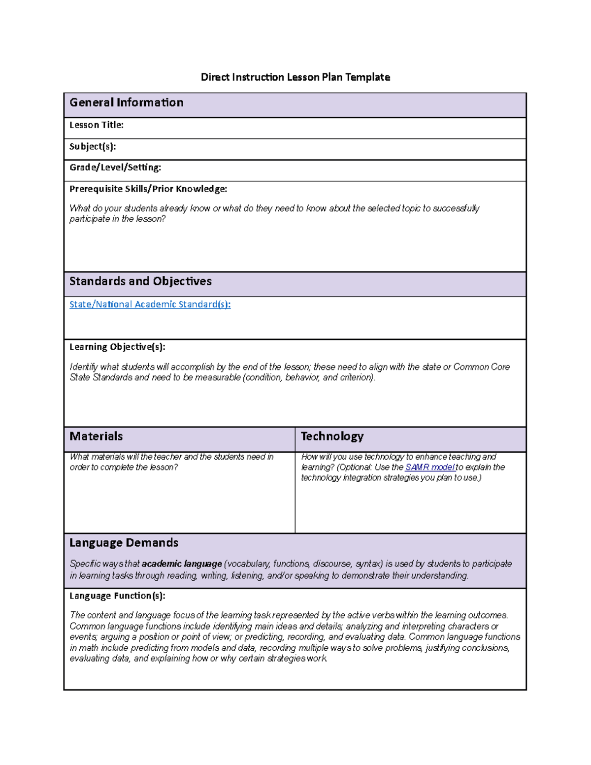 Direct Instruction Lesson Plan template - Direct Instruction Lesson ...