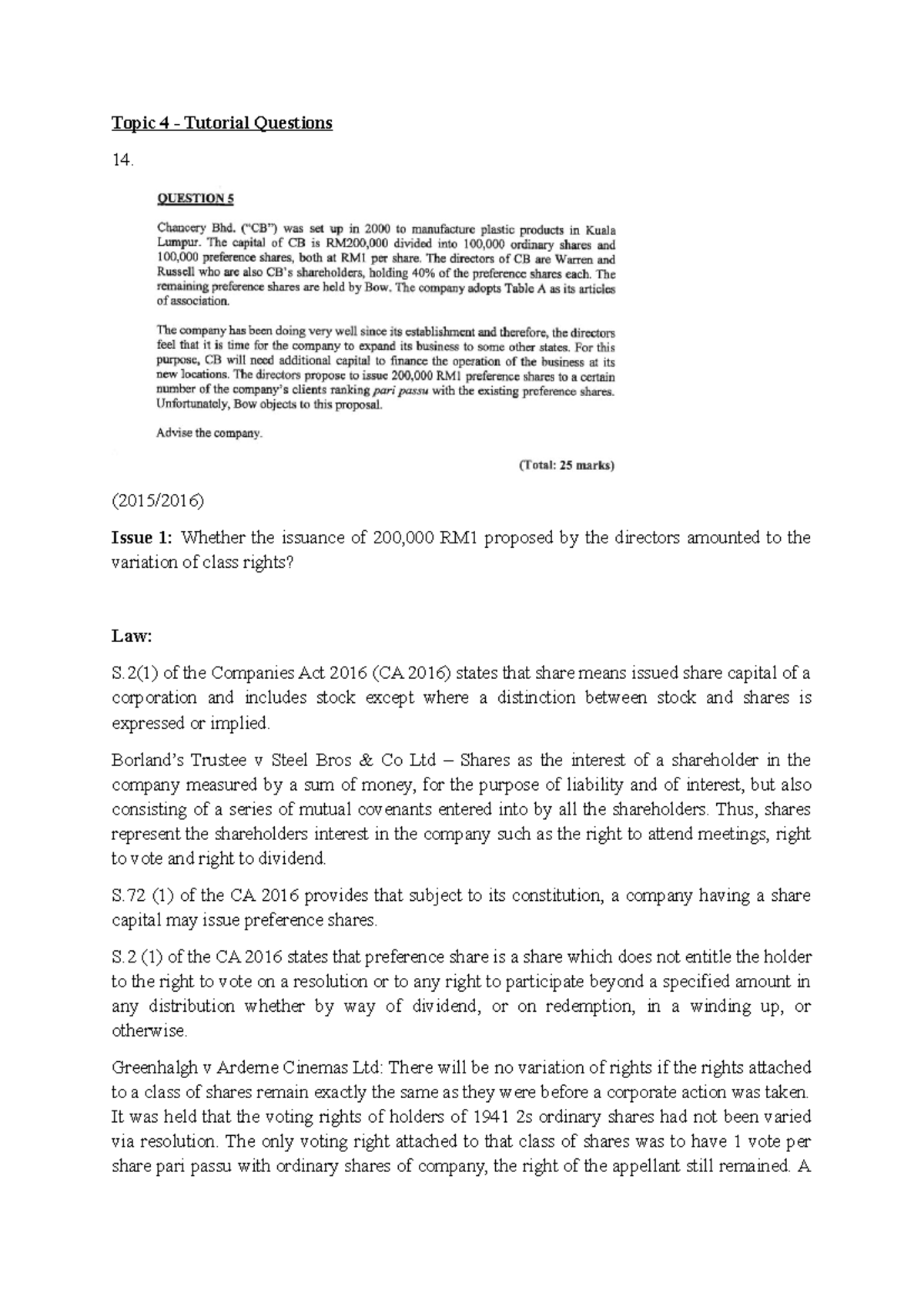 Tutorial Topic 4 Company Law - Topic 4 - Tutorial Questions 14. (2015/ ...
